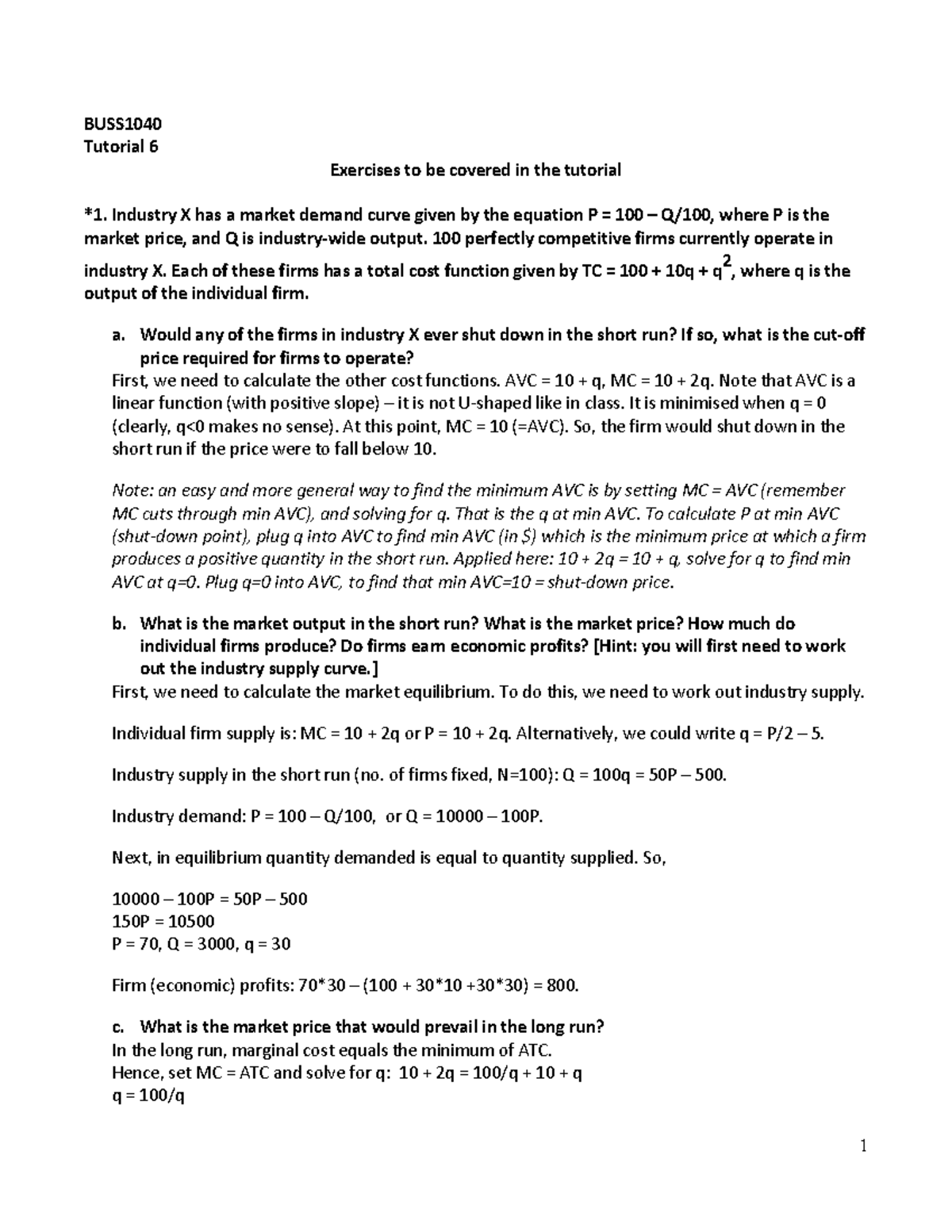 Buss1040 Tutorial 6 With Answers Buss Tutorial Exercises To Be Covered In The Tutorial