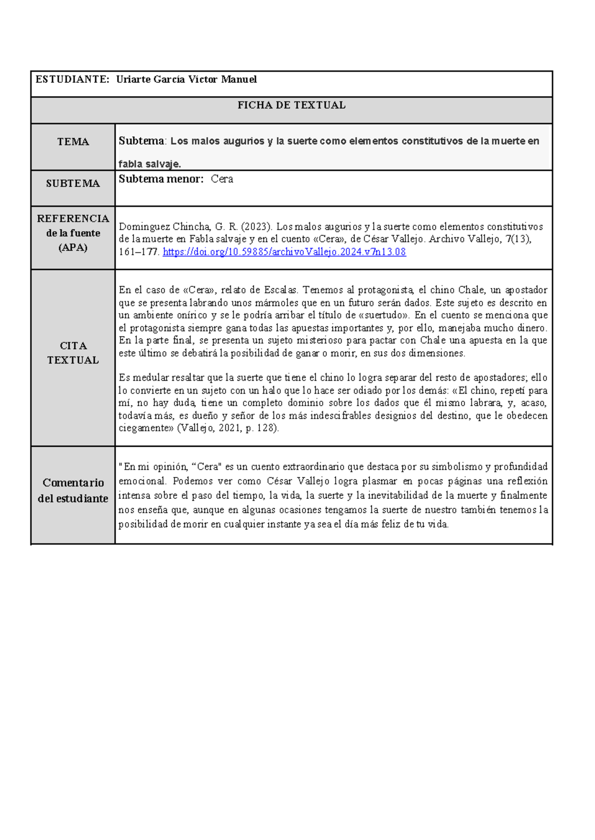 Ficha Textual Cesar Vallejo - ESTUDIANTE: Uriarte García Víctor Manuel FICHA DE TEXTUAL TEMA ...