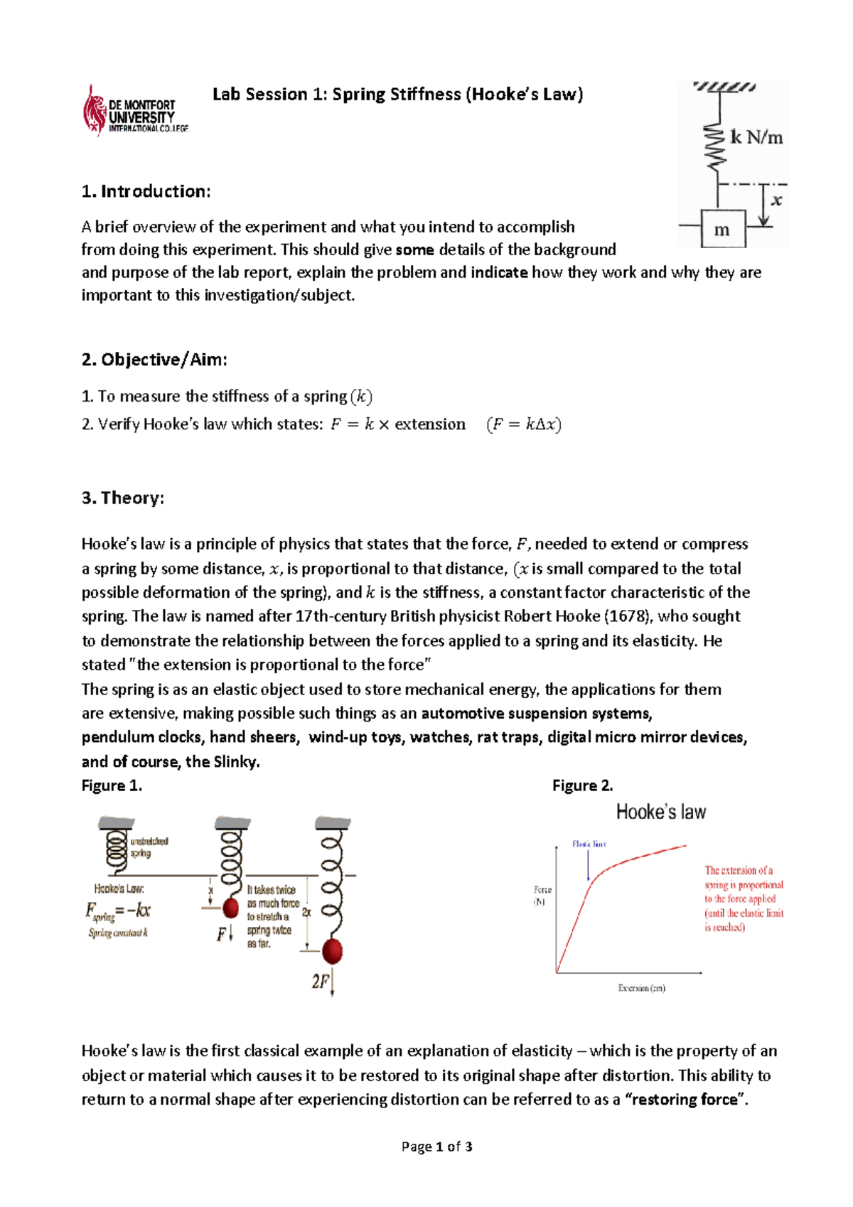 Hooke's law lab experiment Introduction - Page 1 of 3 Lab Session 1 ...