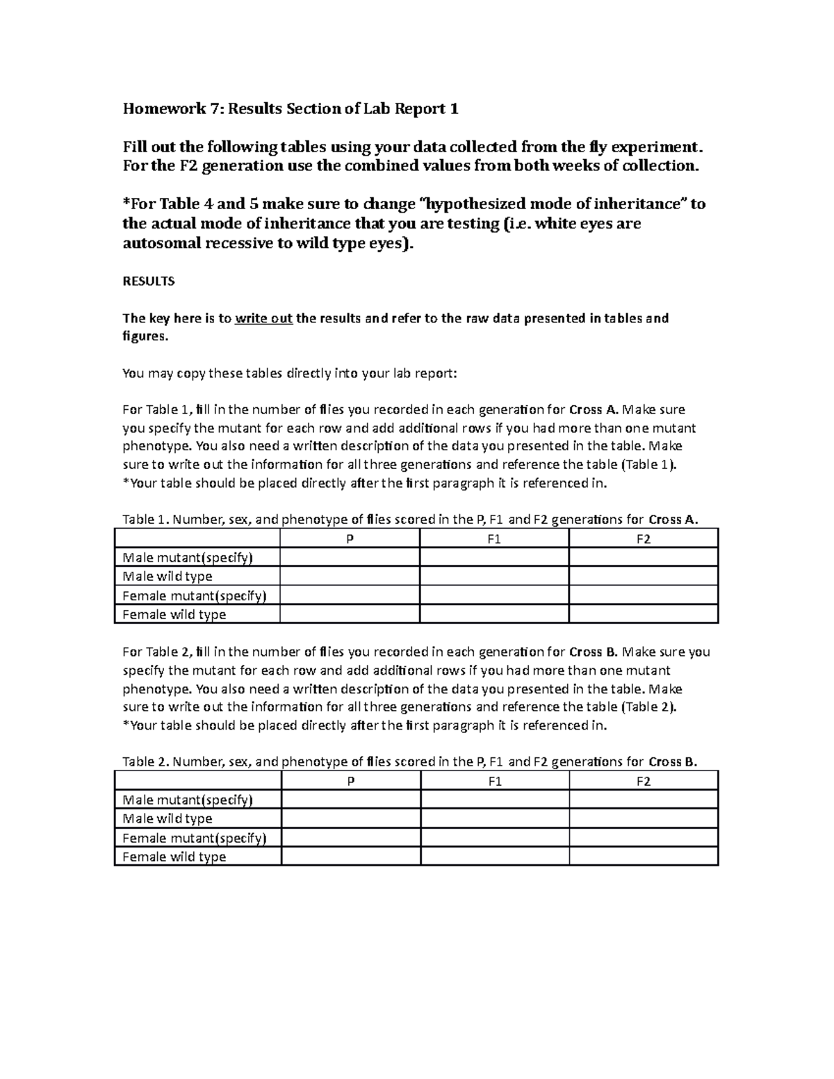 Homework 7- Results Section of Lab Report 1 - For the F2 generation use ...
