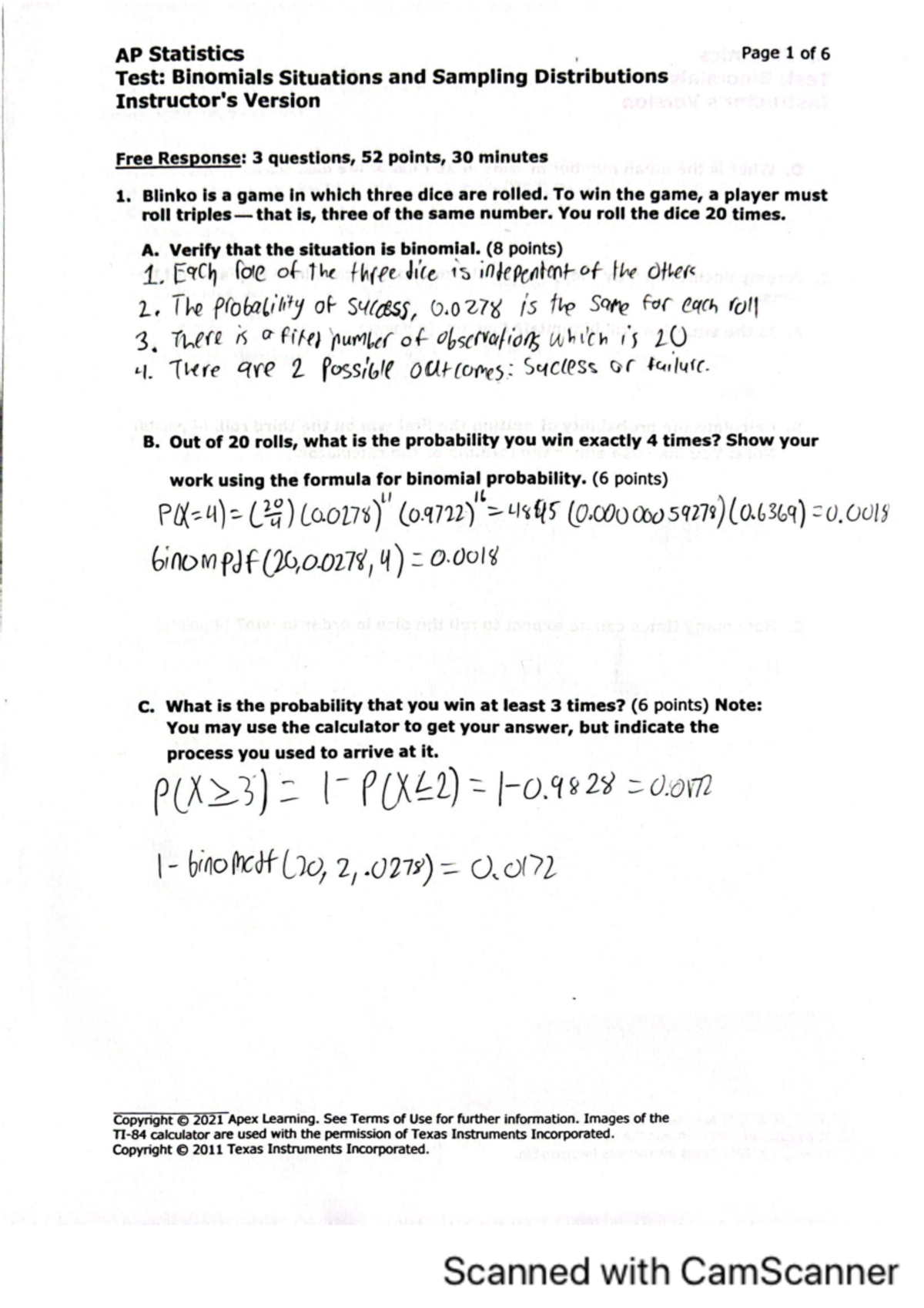 AP Statistics Test Binomials Situations and Sampling Distributions - AP ...
