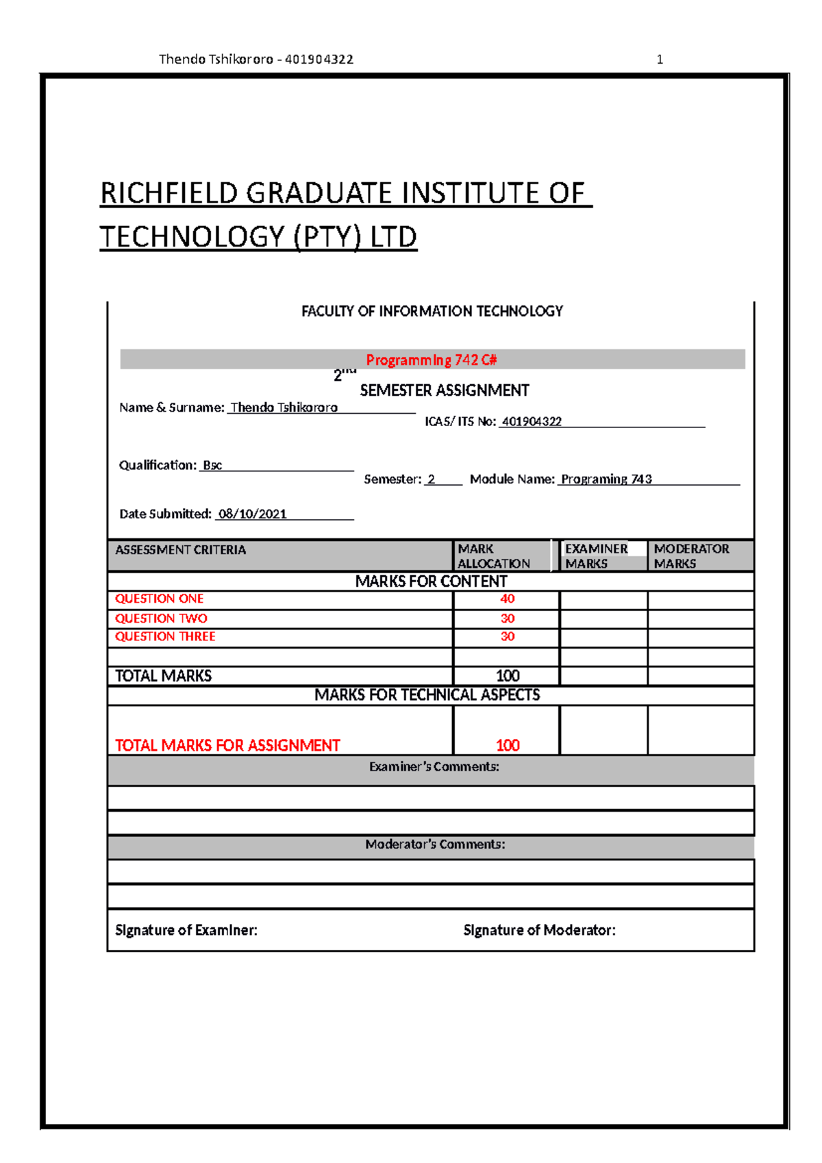 C# - Lecture notes 1 - RICHFIELD GRADUATE INSTITUTE OF TECHNOLOGY (PTY ...