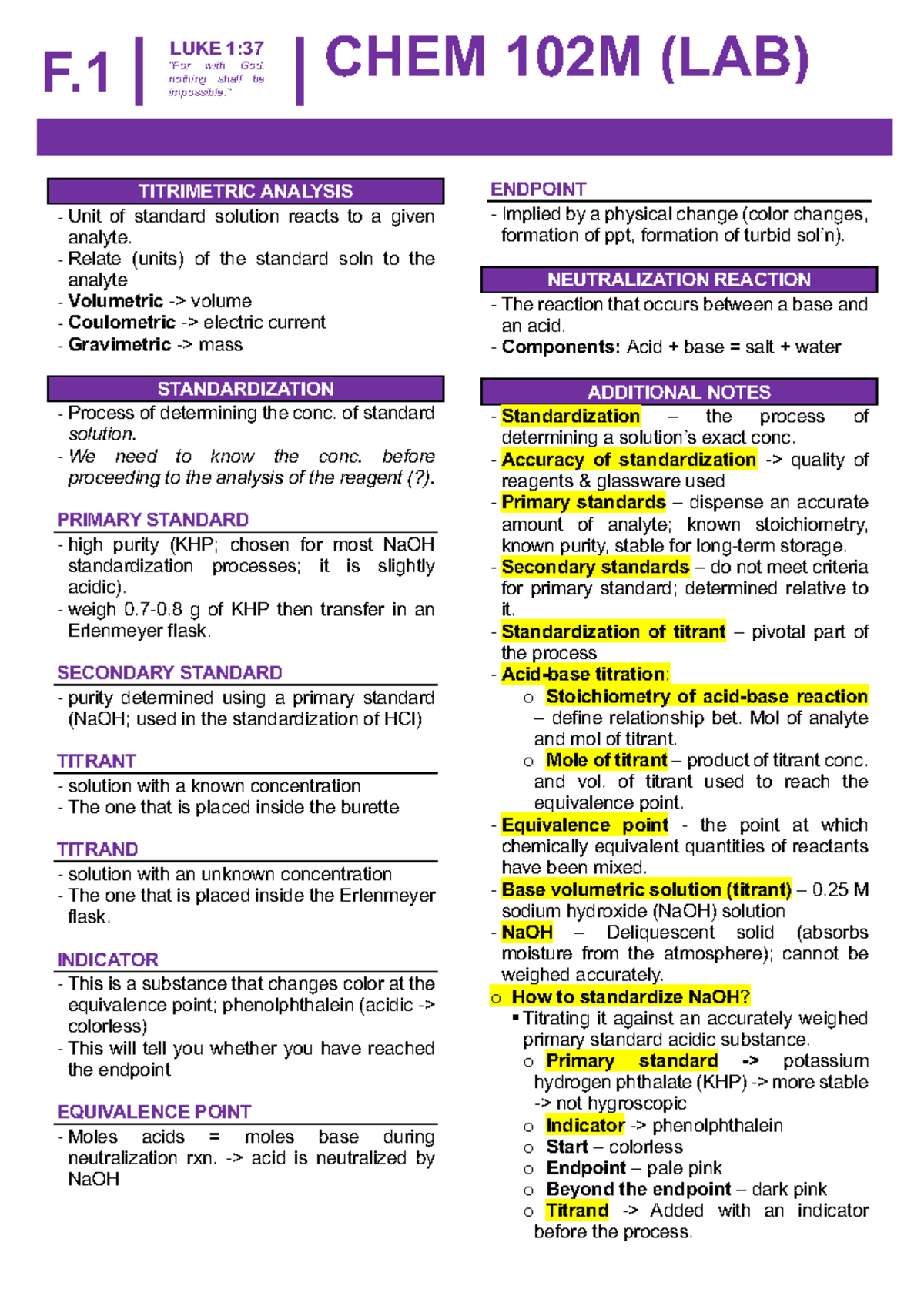 Lab1 - chem - LUKE 1: “For with God, nothing shall be impossible.” CHEM ...