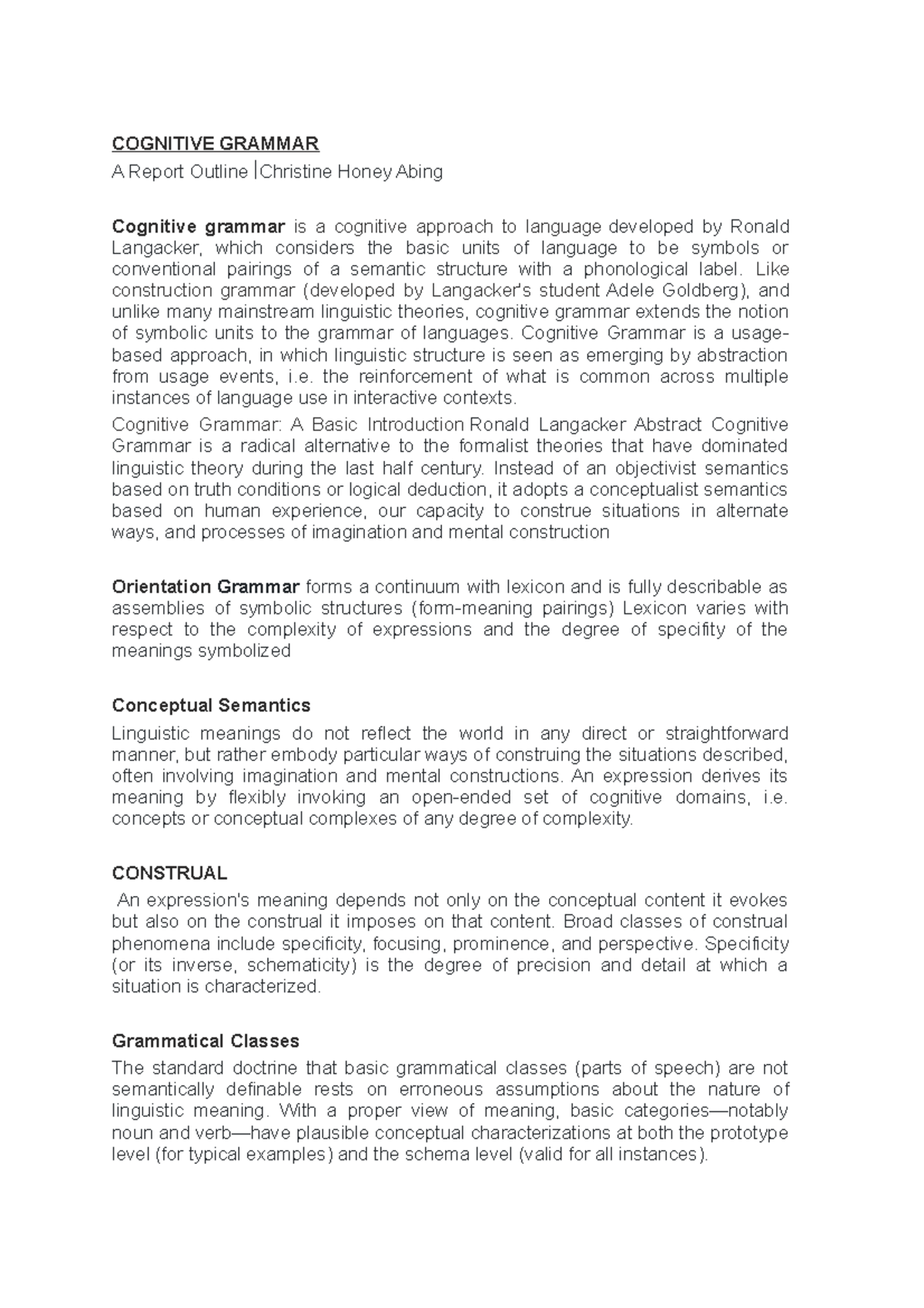 Cognitive Grammar report script - COGNITIVE GRAMMAR A Report Outline ...