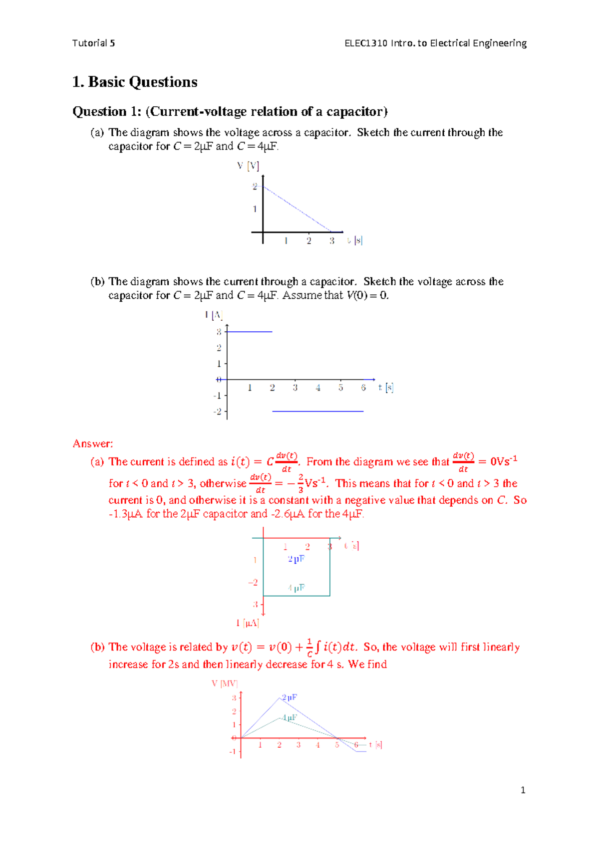 elec1310 Tutorial 5 answers - 1. Basic Questions Question 1: (Current-voltage relation of a ...