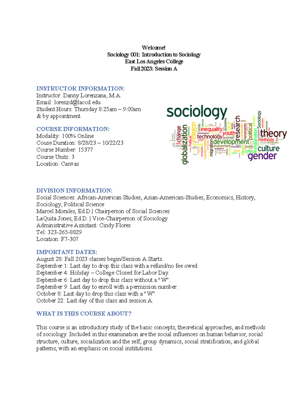 Sociology 001 ELAC Fall 2023 - Welcome! Sociology 001 : Introduction to ...