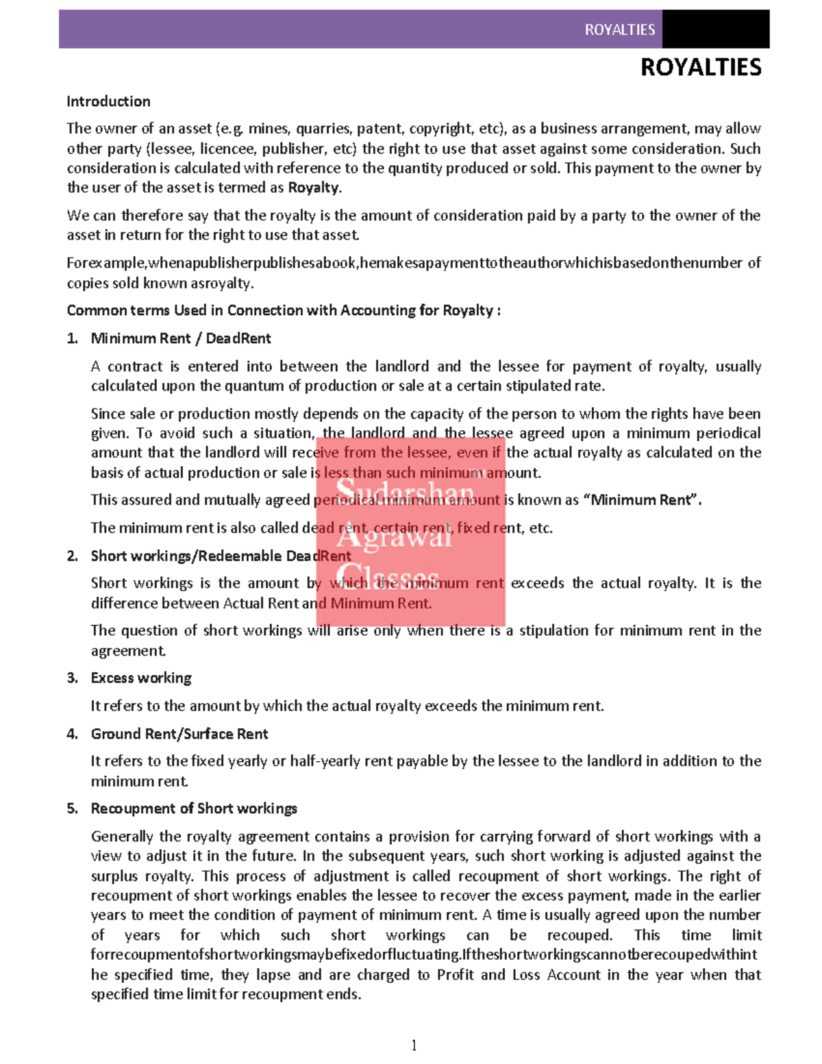 Royaltyities - Lecture notes 1 - ROYALTIES Introduction The owner of an ...