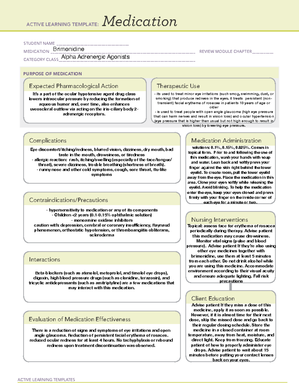 ATI Brimonidine - ATI Template - ACTIVE LEARNING TEMPLATES Medication ...