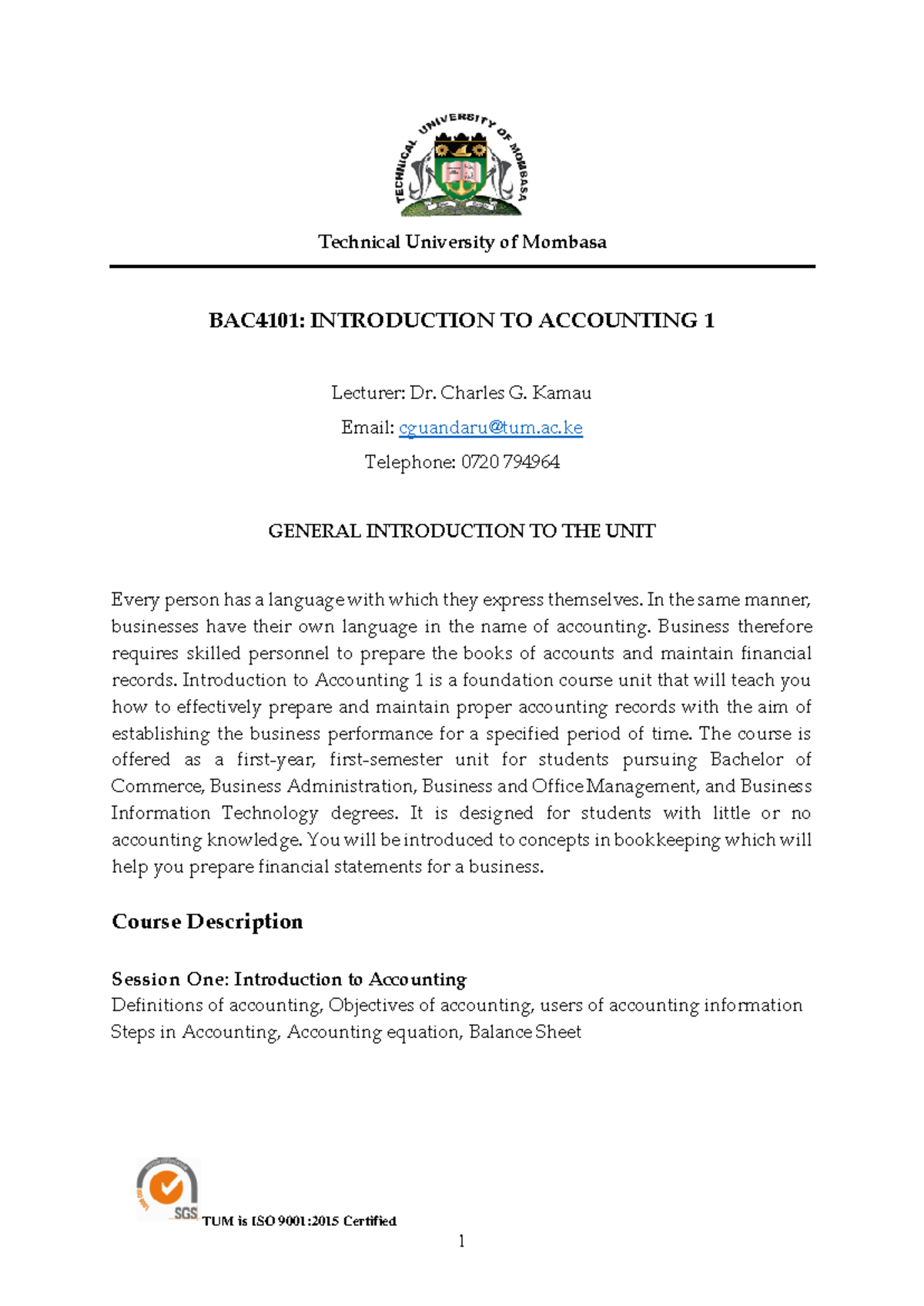 BAC 4101 Introduction TO Accounting I - Outline - TUM is ISO 9001:2015 ...