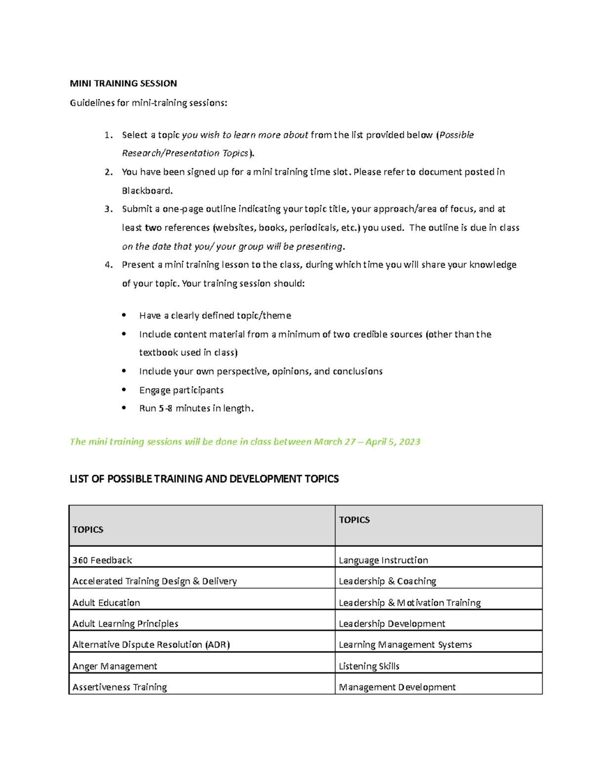 MINI Training Session INFO HRM 2 - MINI TRAINING SESSION Guidelines for ...