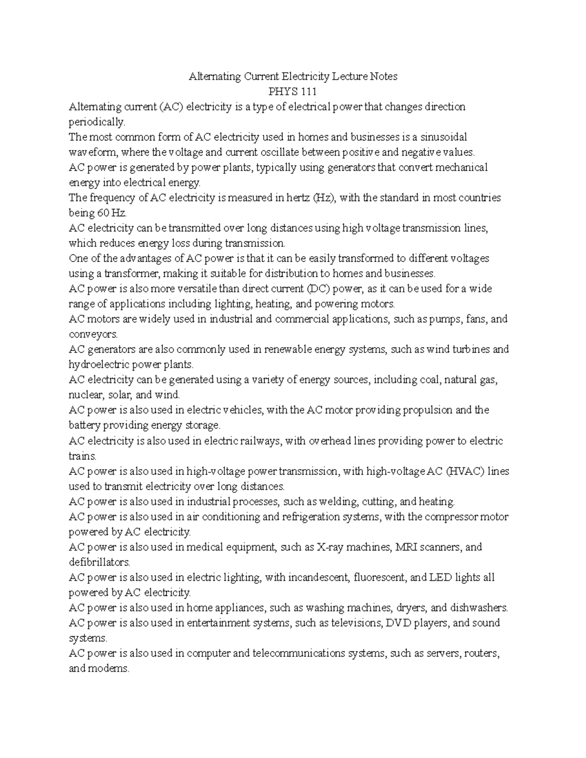 Alternating Current Electricity Lecture Notes - The most common form of ...