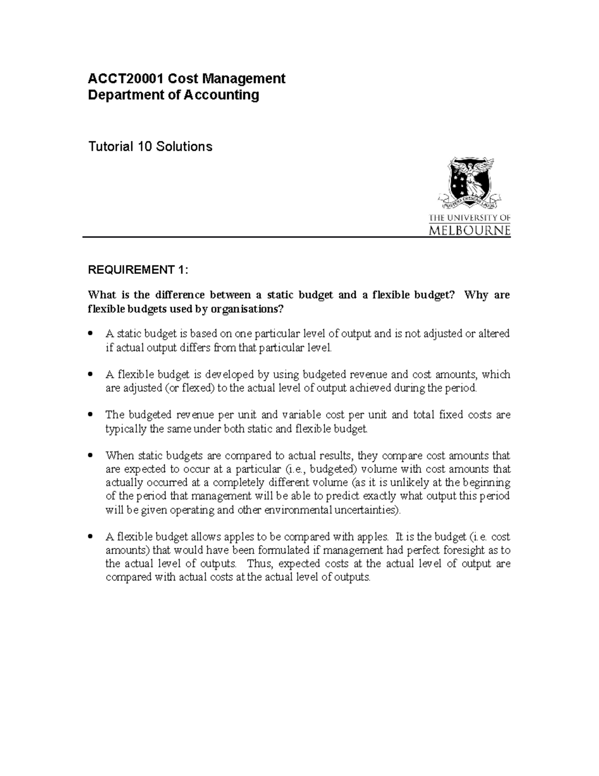 Tutorial 10 Solutions S2, 2021 - ACCT20001 Cost Management Department ...
