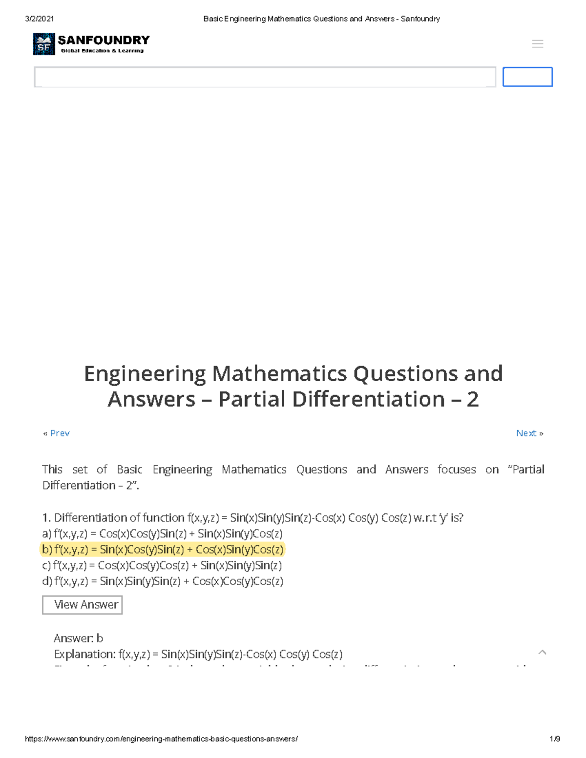 Basic Engineering Mathematics Questions And Answers Sanfoundry