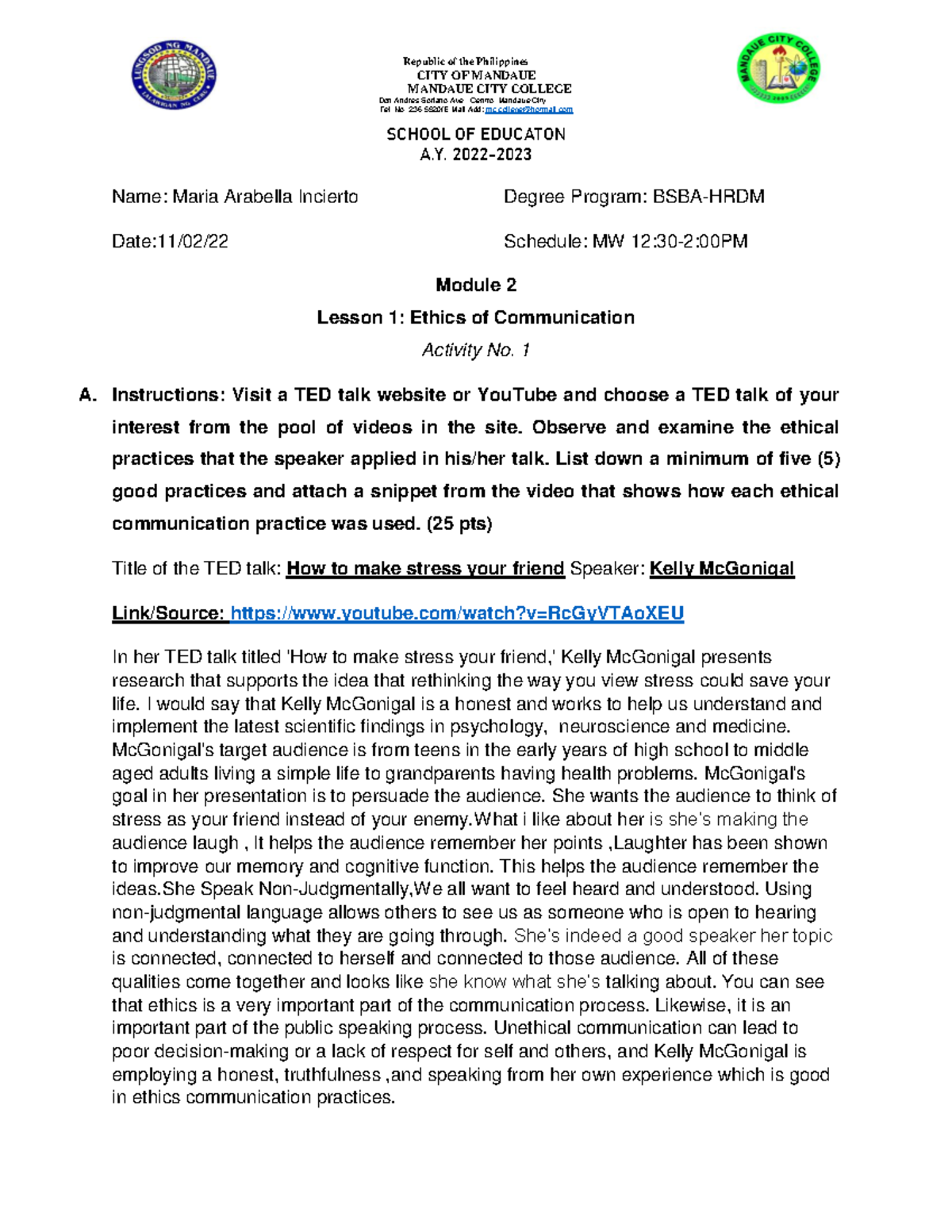 English- Maria Arabella Incieerto - Republic of the Philippines CITY OF ...