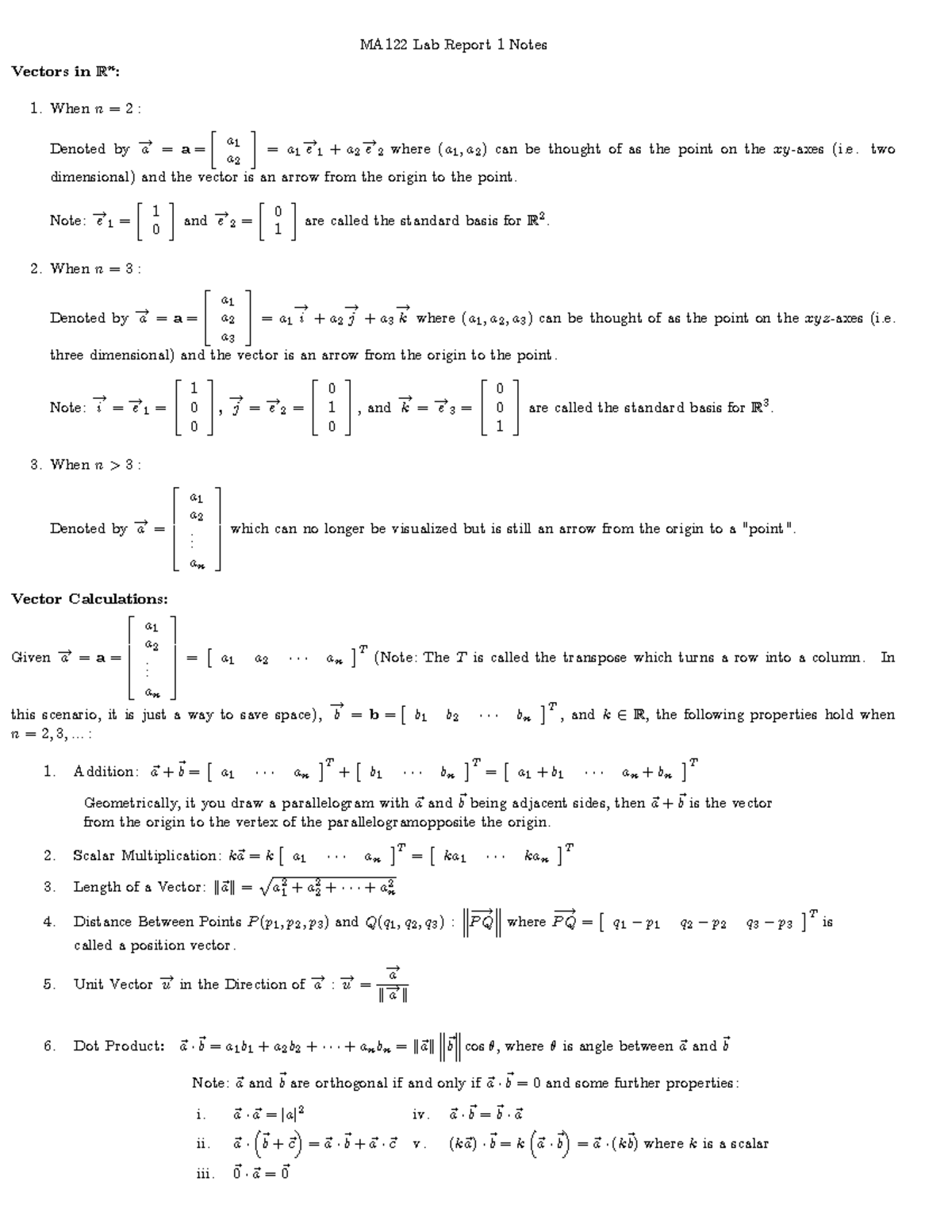 Lab1Notes - Summer Linear algebra lab notes - MA122 Lab Report 1 Notes ...