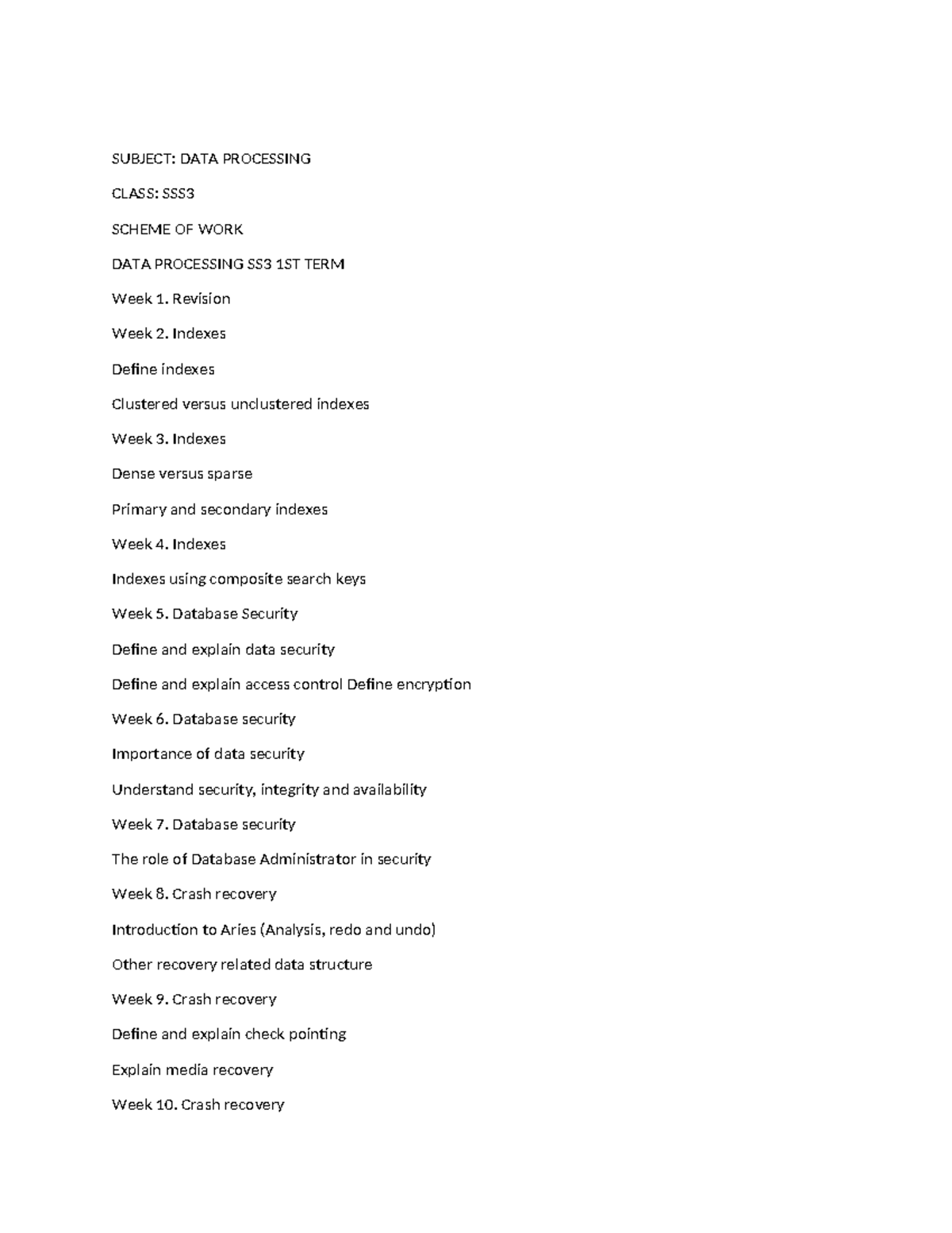 Data Processing Ss3 Note For Year 12 Subject Data Processing Class Sss Scheme Of Work Data