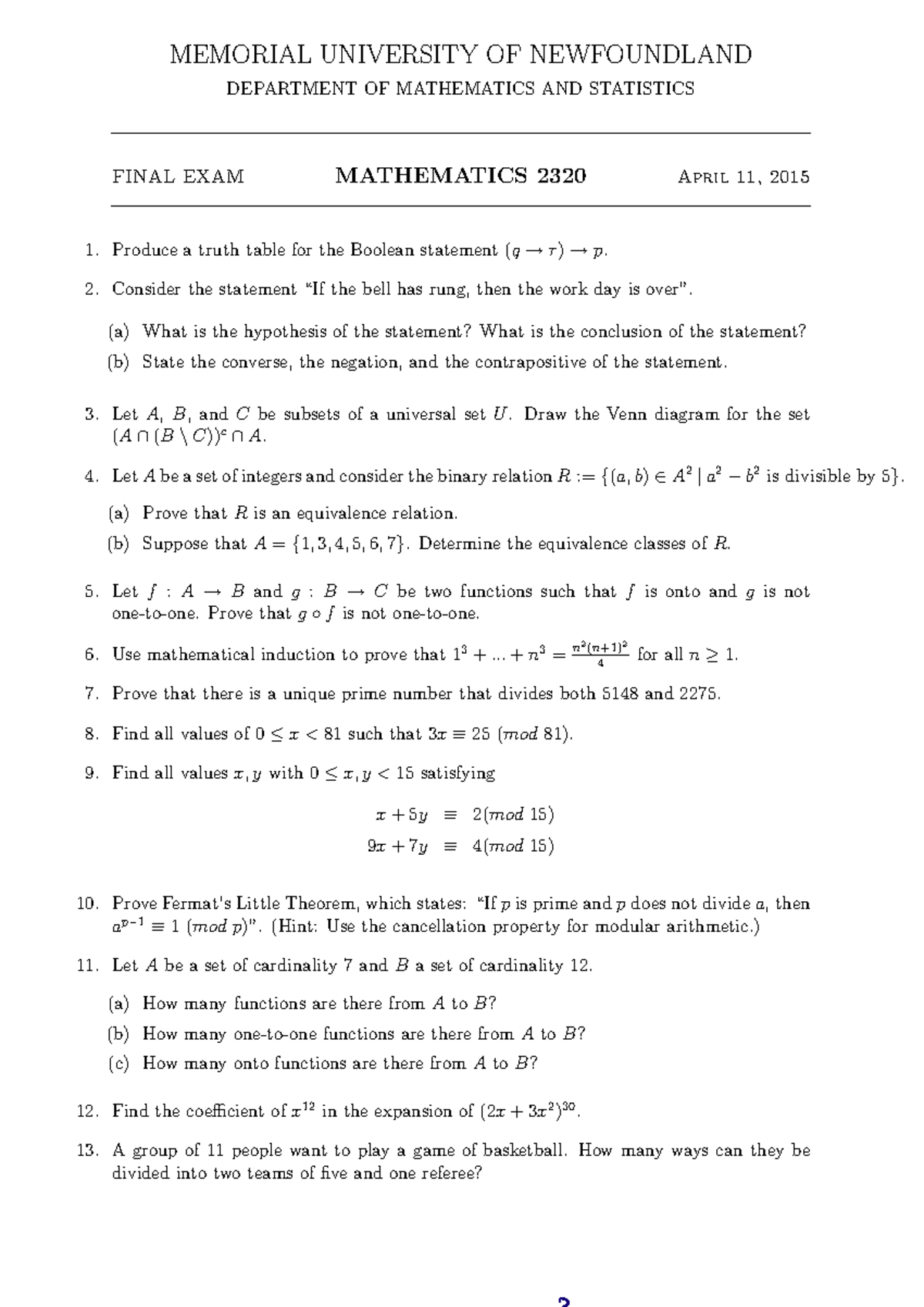 Sample Exam - SOLUTIONS - MEMORIAL UNIVERSITY OF NEWFOUNDLAND ...