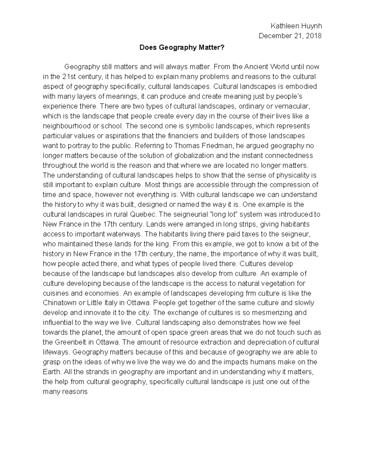 Importance of Geography Essay - Kathleen Huynh December 21, 2018 Does ...