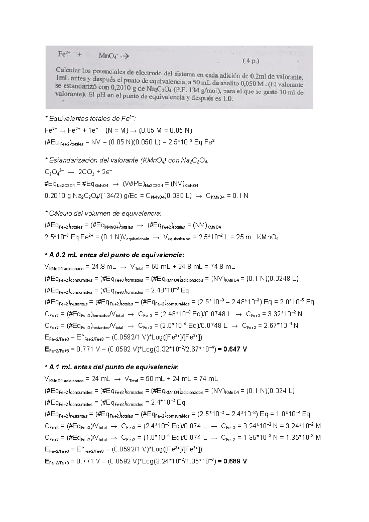 Solucionario Pregunta 1 - Ex. Final - Equivalentes totales de Fe2+: Fe2 ...