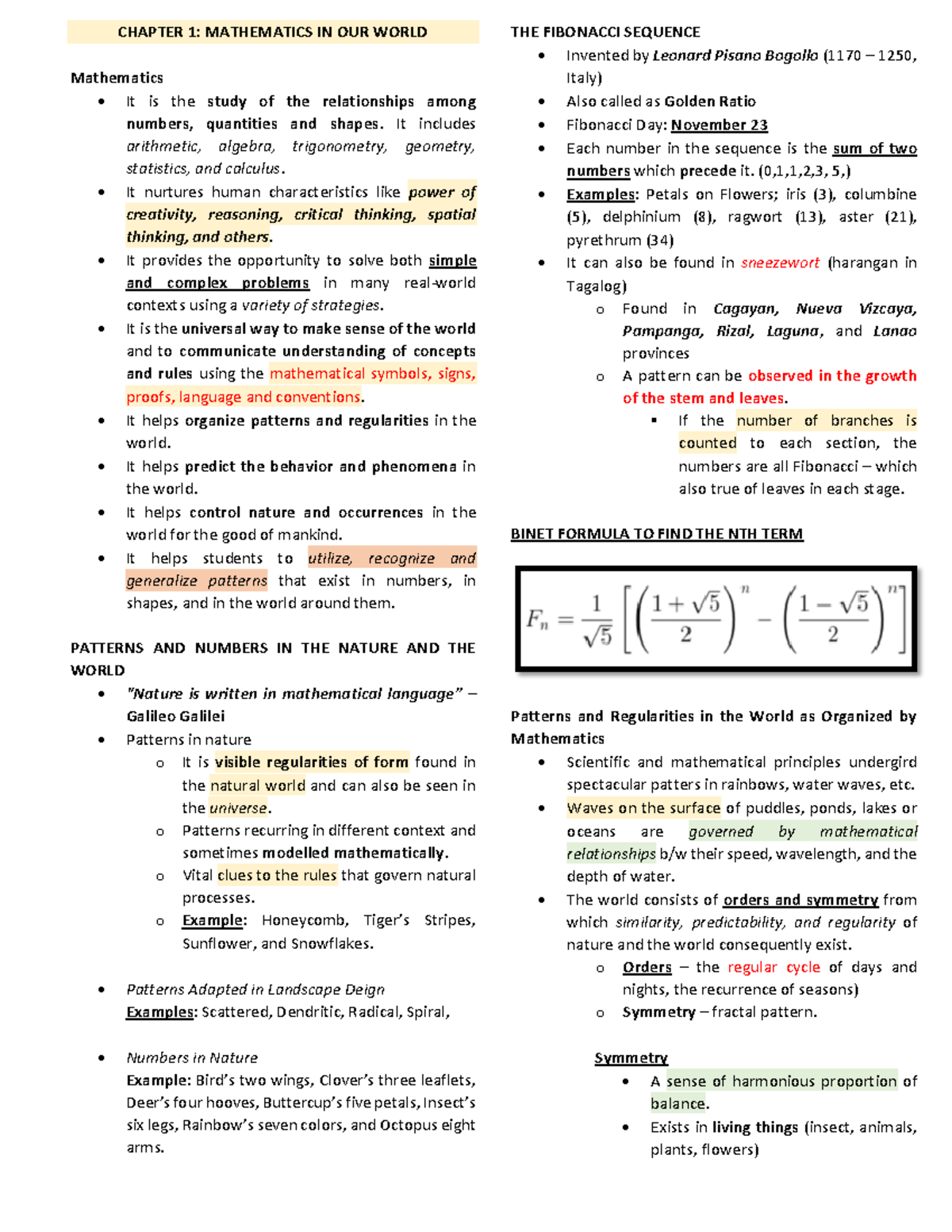 MMW- Prelim- Reviewer - CHAPTER 1: MATHEMATICS IN OUR WORLD Mathematics - It is the study of the ...