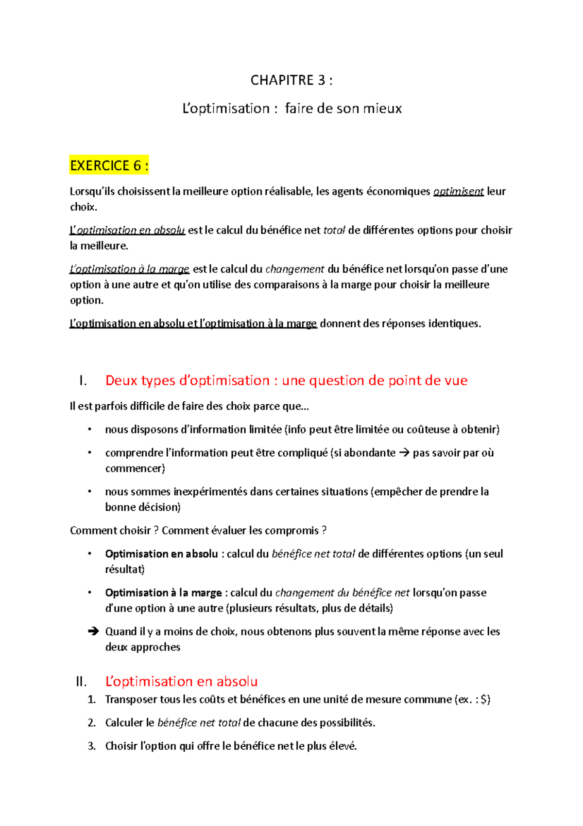 Chapitre 3 - resume chap 3 - CHAPITRE 3 : L’optimisation : faire de son mieux EXERCICE 6 : - Studocu