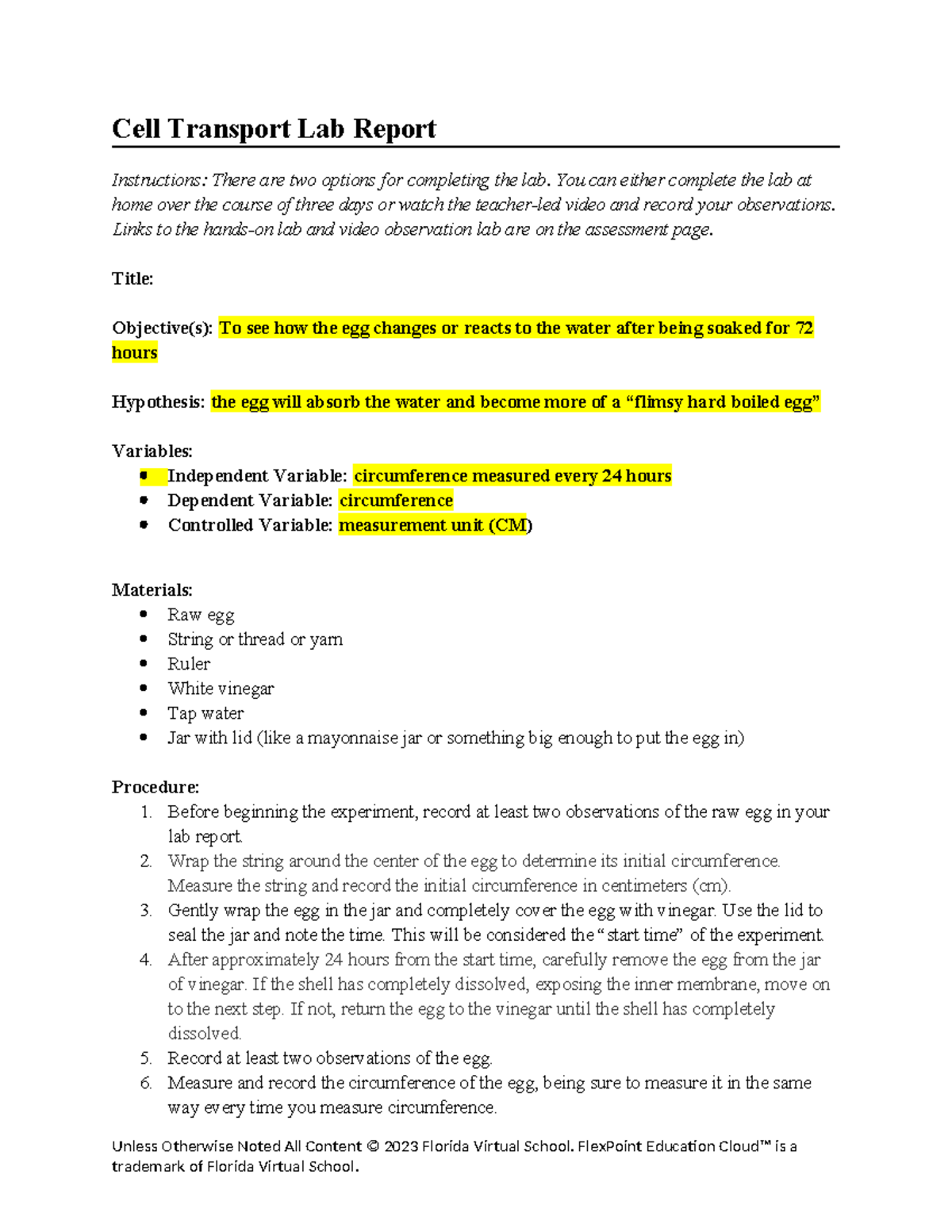 2.04 Cell Transport - Biology Assignment - Cell Transport Lab Report ...