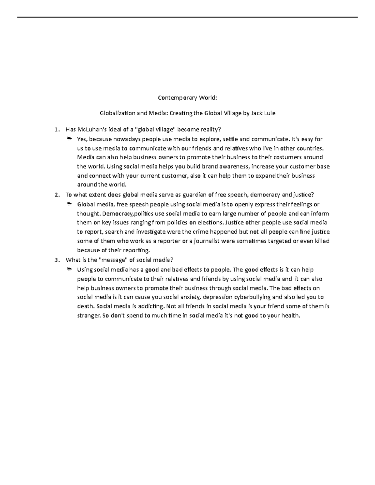 Contemporary assignment - Contemporary World: Globalization and Media ...