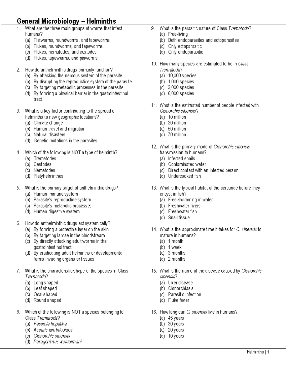 MCQ (General Microbiology - Parasitic Worms) - What are the three main ...