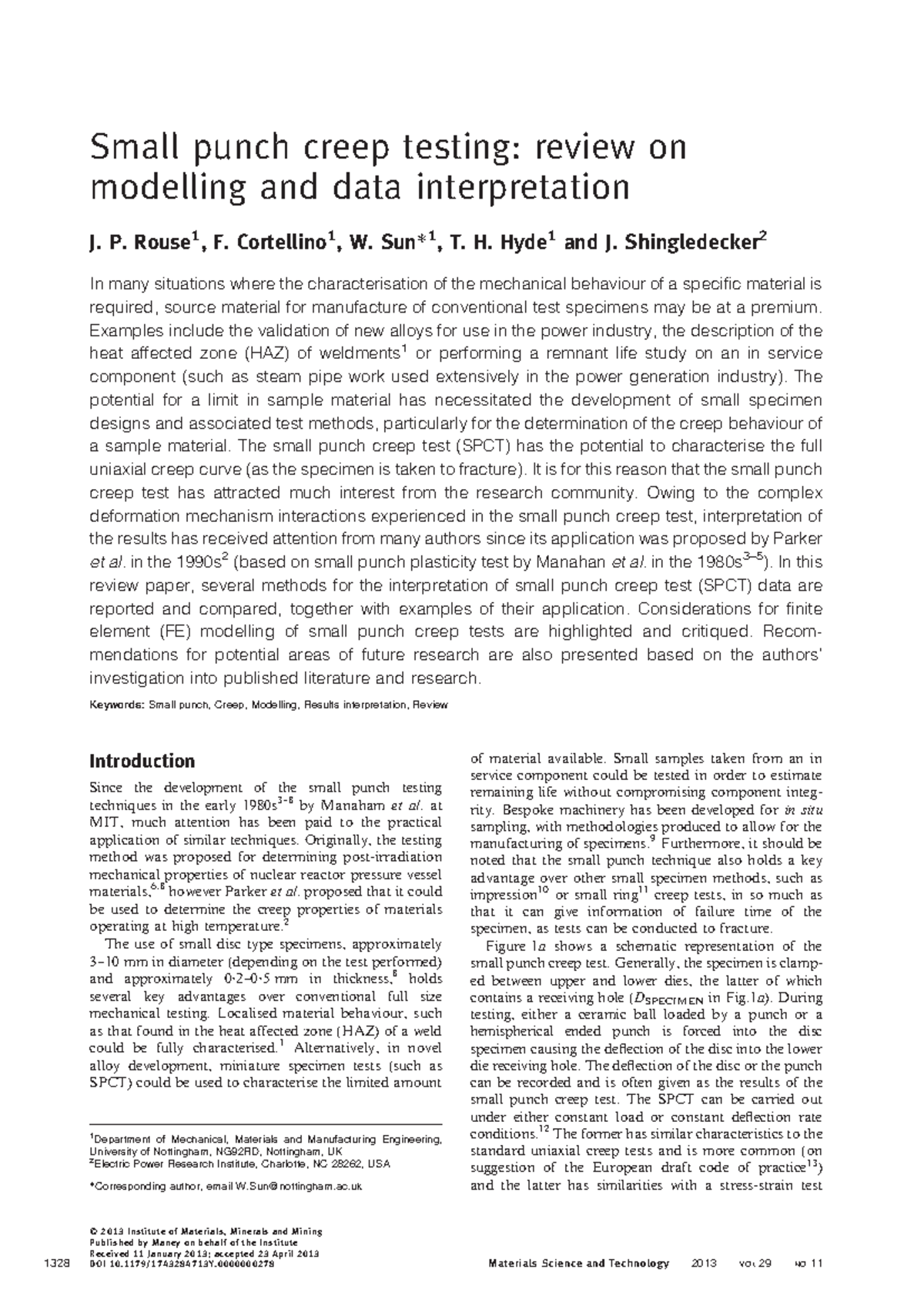 Small punch creep testing review on modelling and data interpretation ...