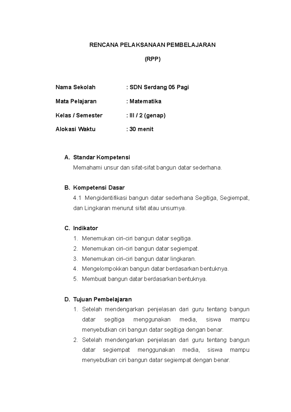 RPP matematika kelas 1 semester 2 - RENCANA PELAKSANAAN PEMBELAJARAN ...