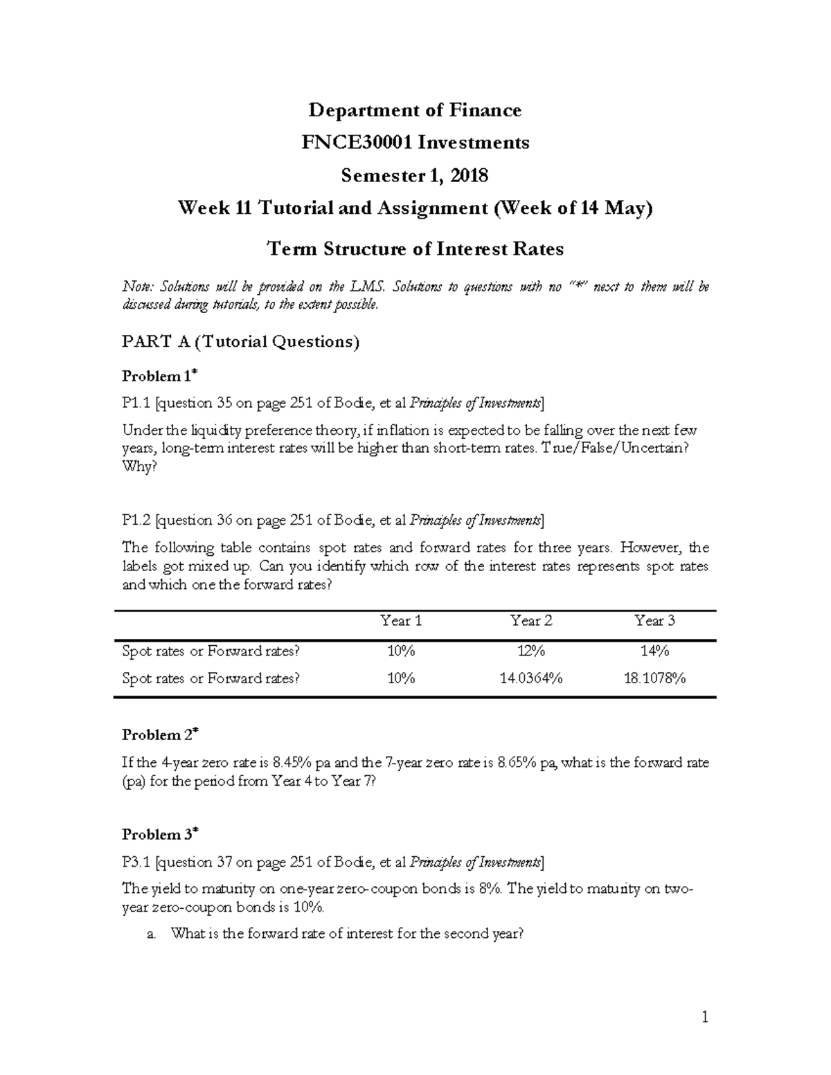 Tutorial 9 & Assignment Week 11 - Department of Finance FNCE30001 ...