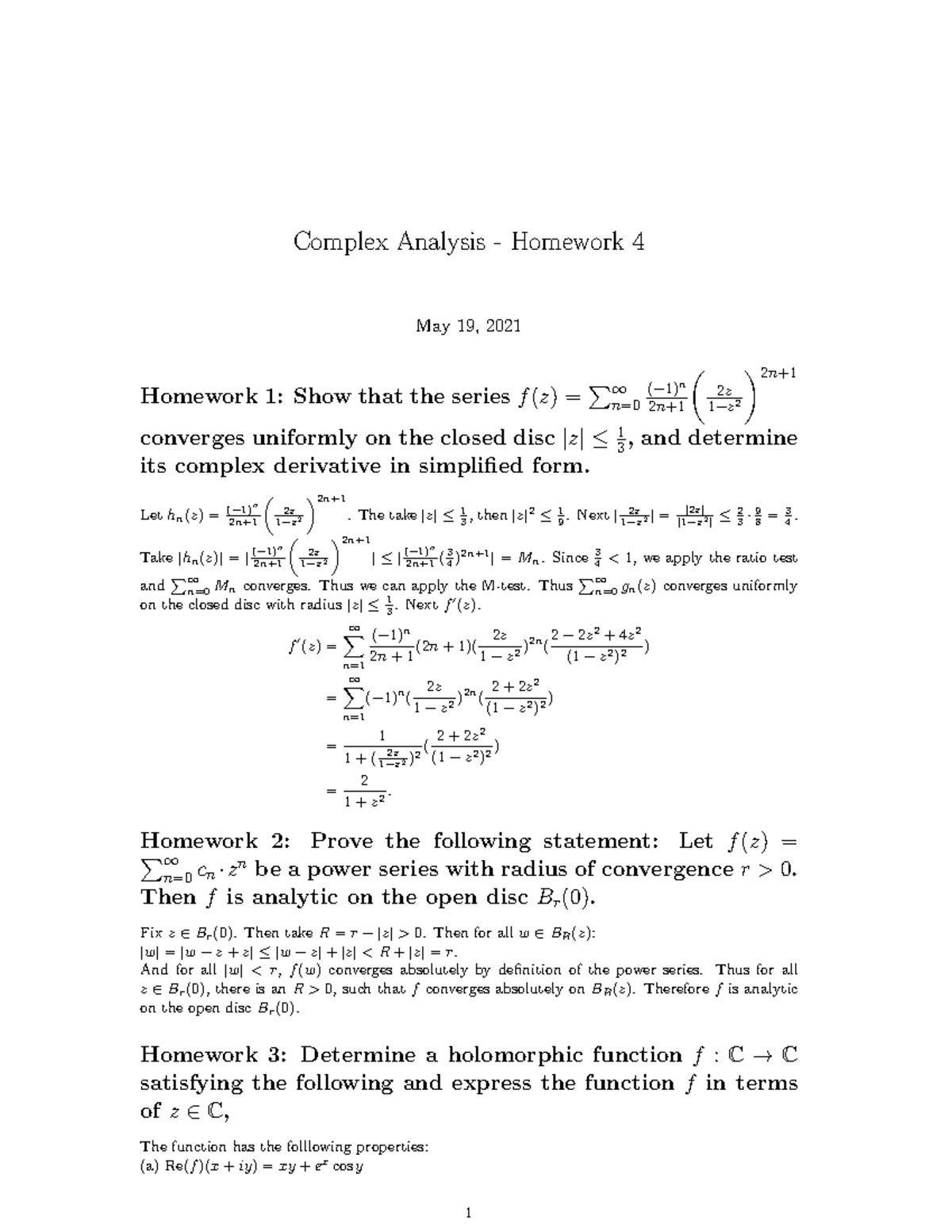 Homework Assignment 4 - Complex Analysis - Homework 4 May 19, 2021 ...
