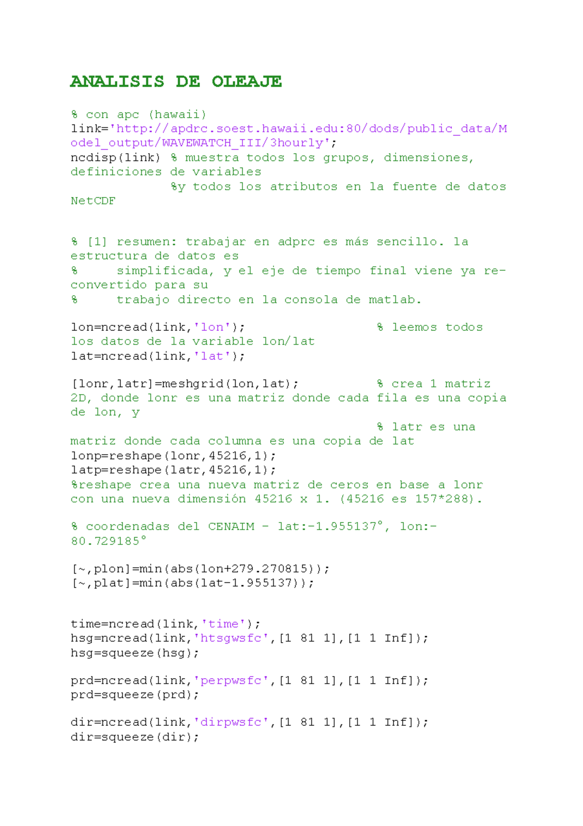 Scripts alumnos - código Fourier - ANALISIS DE OLEAJE % con apc (hawaii) - Studocu