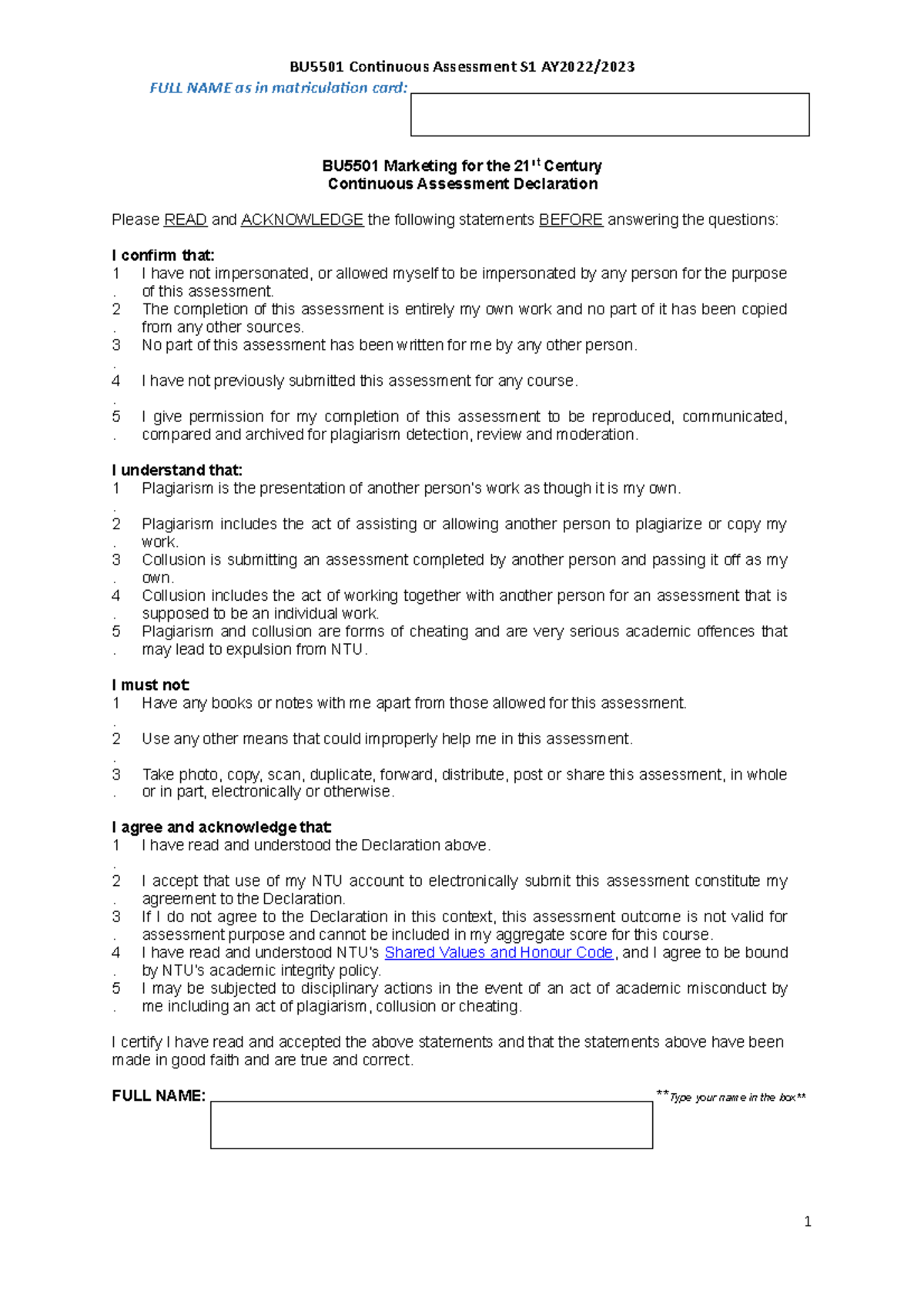 BU5501 Continuous Assessment Answer Document V 1 BU5501 Continuous