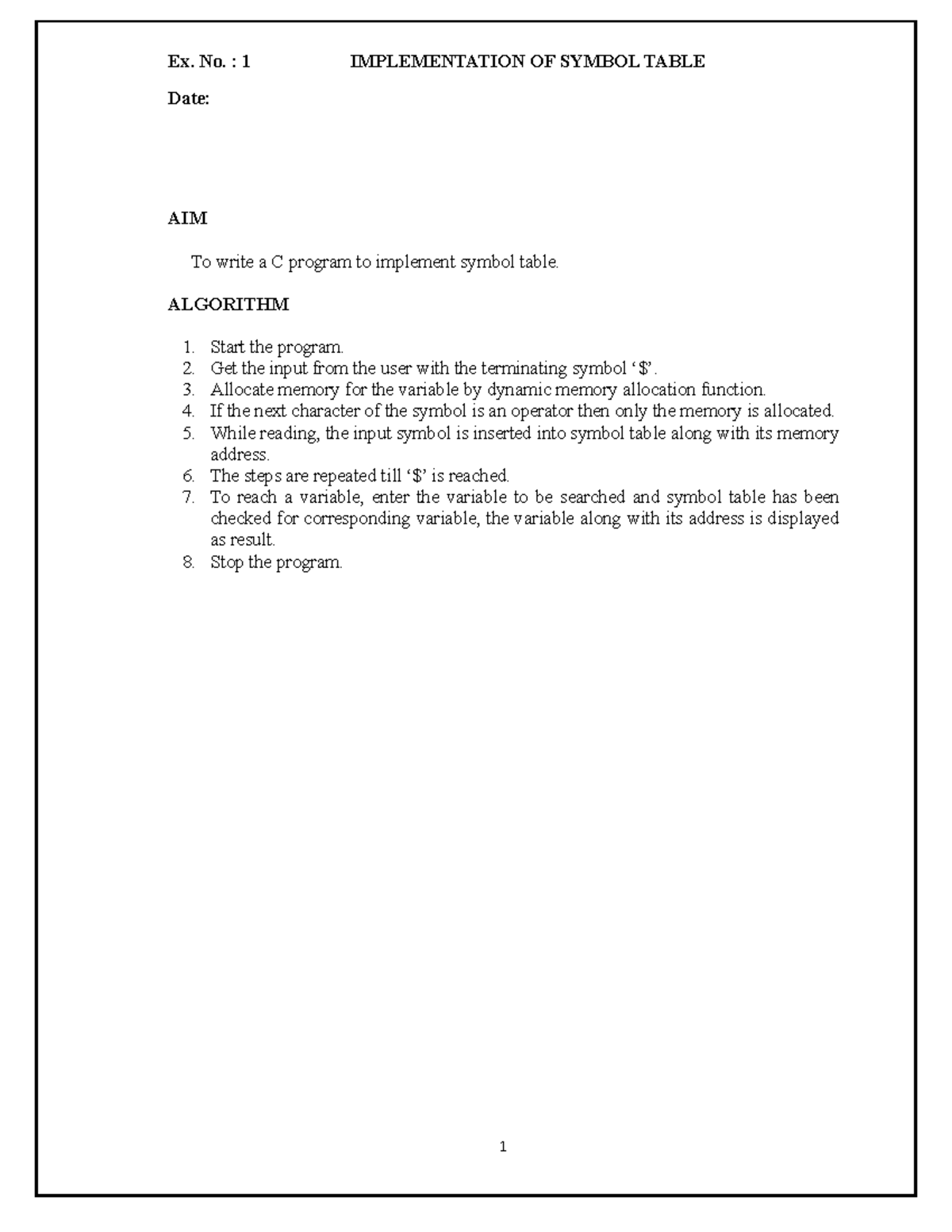 Compiler lab record - Manual - Ex. No. : 1 IMPLEMENTATION OF SYMBOL ...