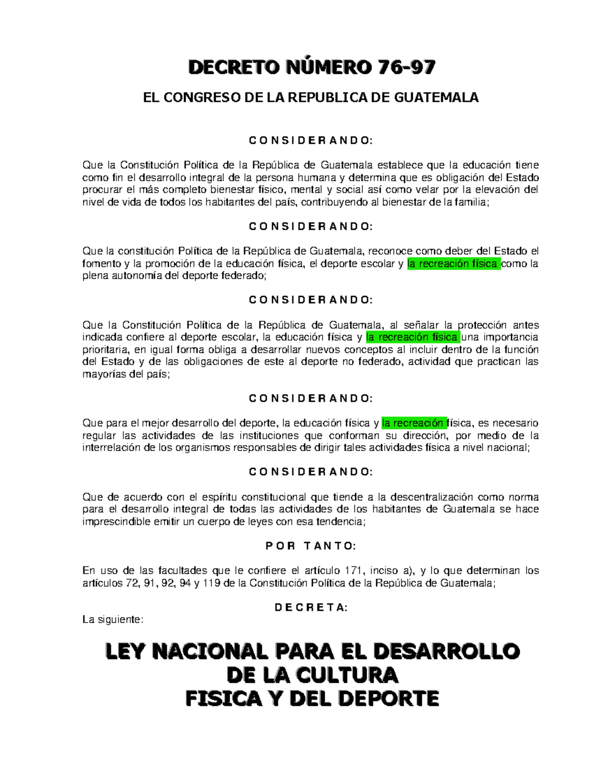 Ley Nacional para el Desarrollo de Cultura Fisica y del Deporte Decreto ...