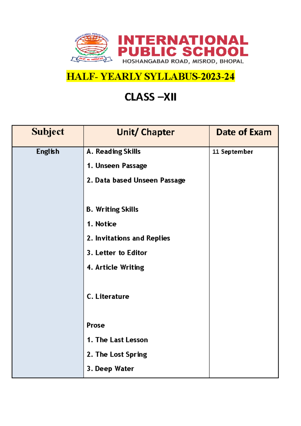 H.Y. Syllabus XII - HALF- YEARLY SYLLABUS-2023- CLASS –XII Subject Unit ...