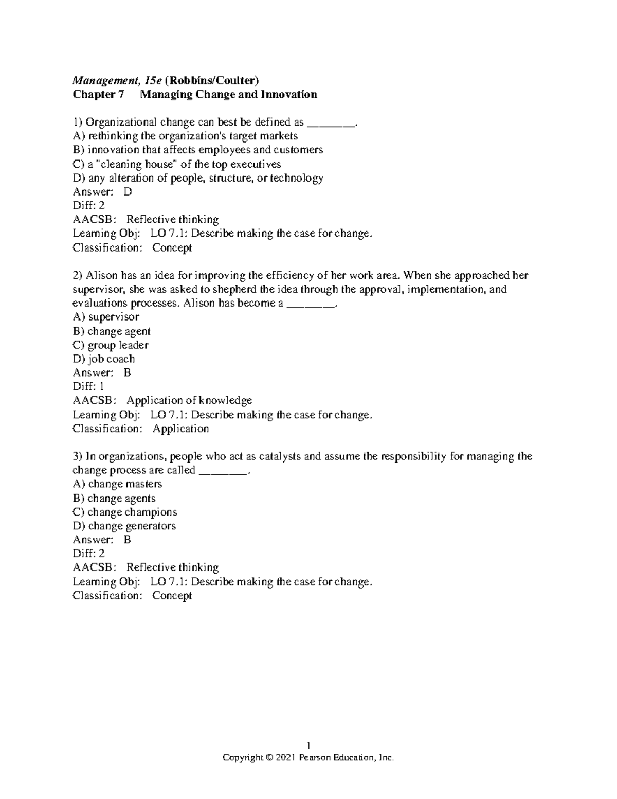 Management Chapter 7 Question Bank - 1 Management, 15e (Robbins/Coulter ...