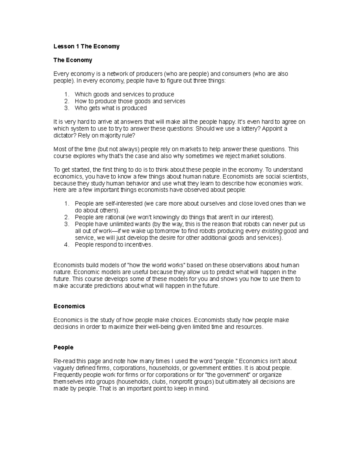 Lesson 1 The Economy - Lecture notes 1 - Lesson 1 The Economy The ...