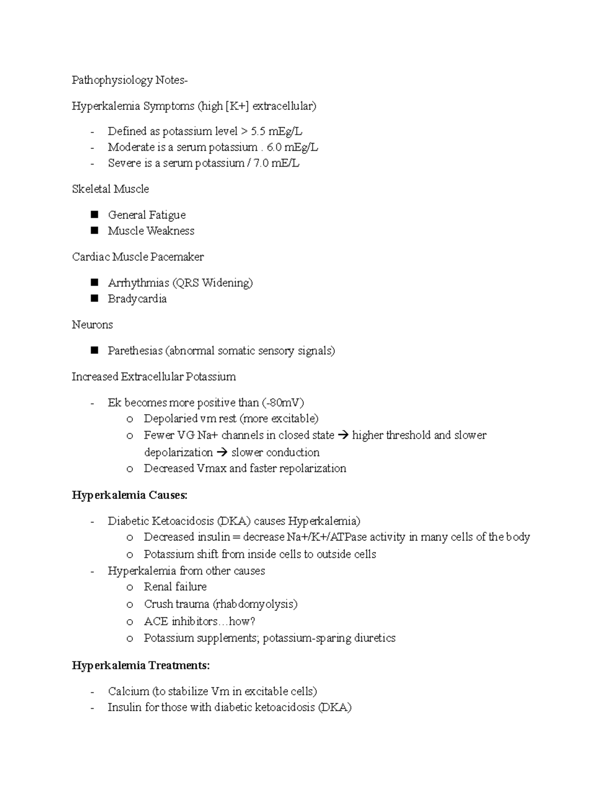 Pathophysiology Notes - Pathophysiology Notes- Hyperkalemia Symptoms ...