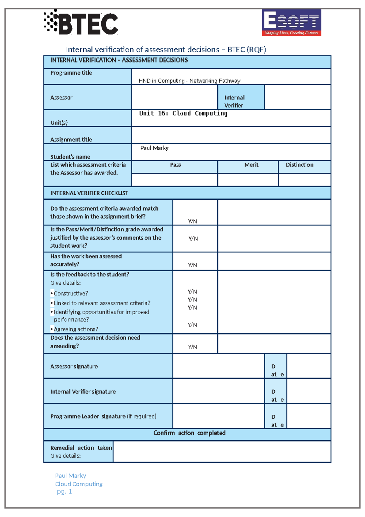 Unit 16 - Cloud-Computing - Paul - Internal verification of assessment decisions – BTEC (RQF ...