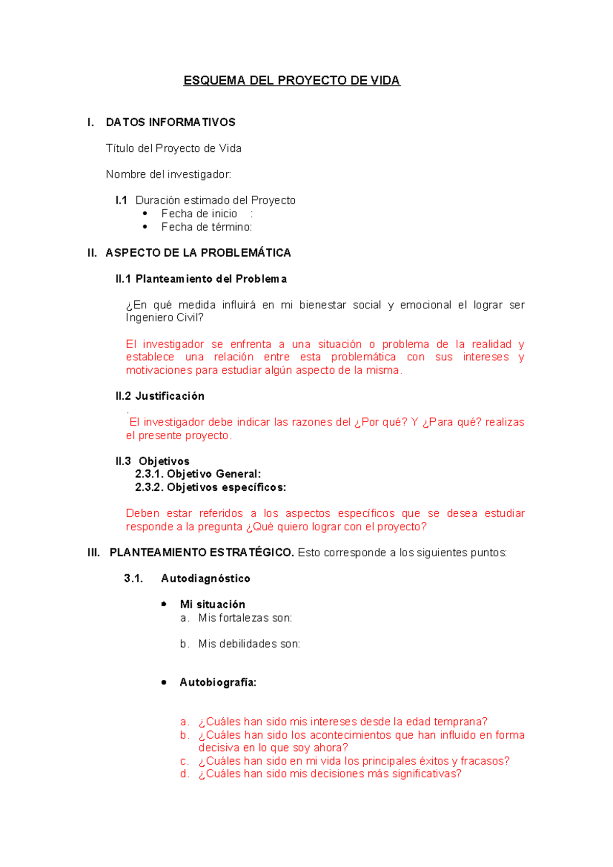 Esquema del proyecto de vida - ESQUEMA DEL PROYECTO DE VIDA I. DATOS INFORMATIVOS Título del ...
