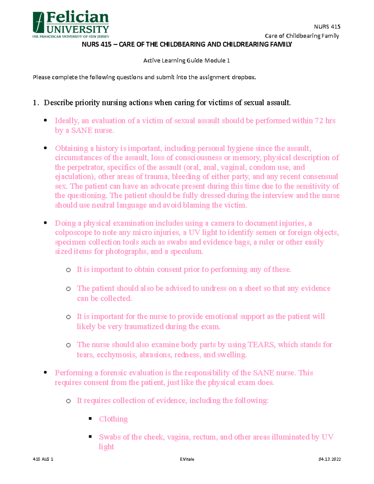 Active Learning Guide - Module 1 - NURS 415 - Studocu