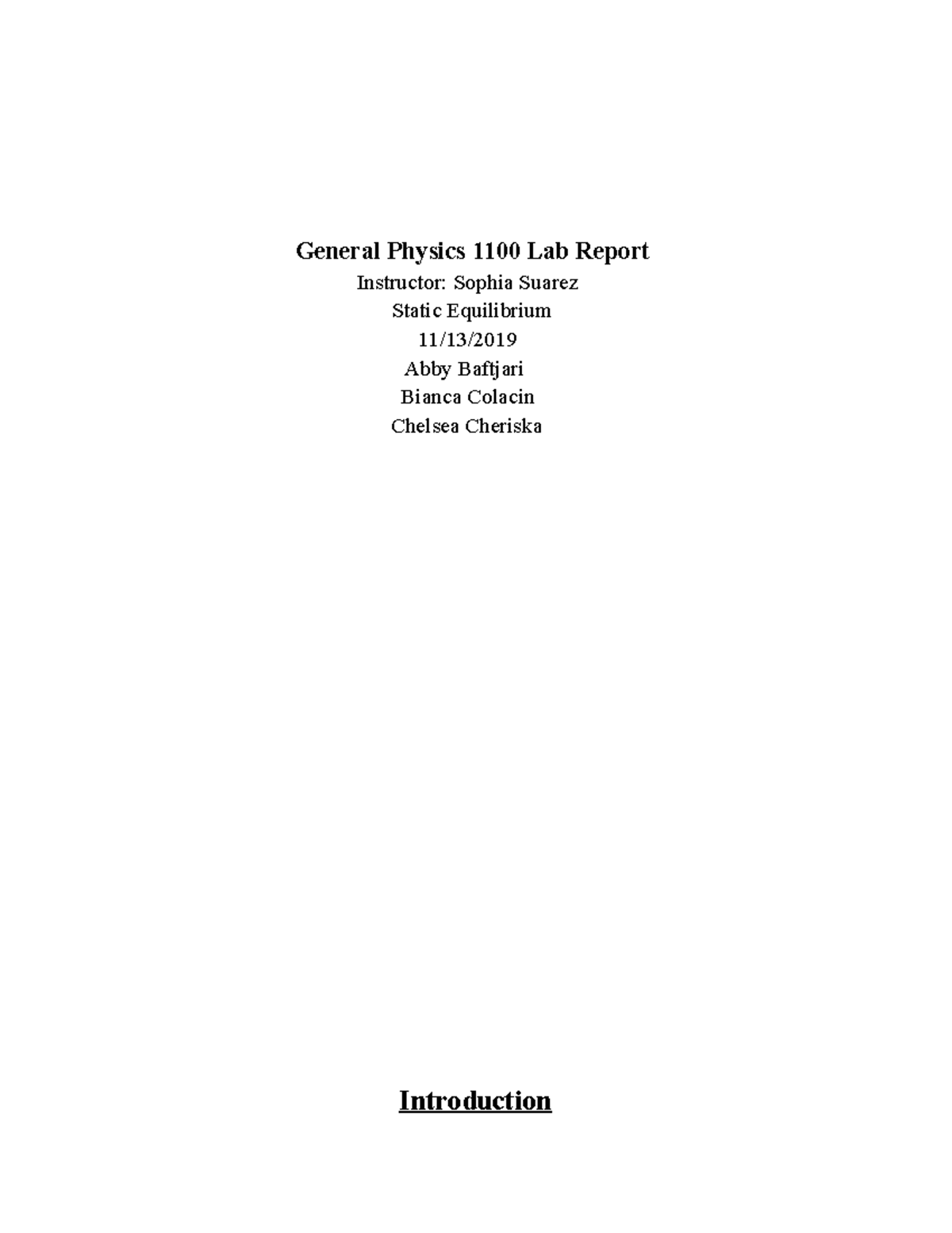 Physics Week 10 - report - General Physics 1100 Lab Report Instructor ...