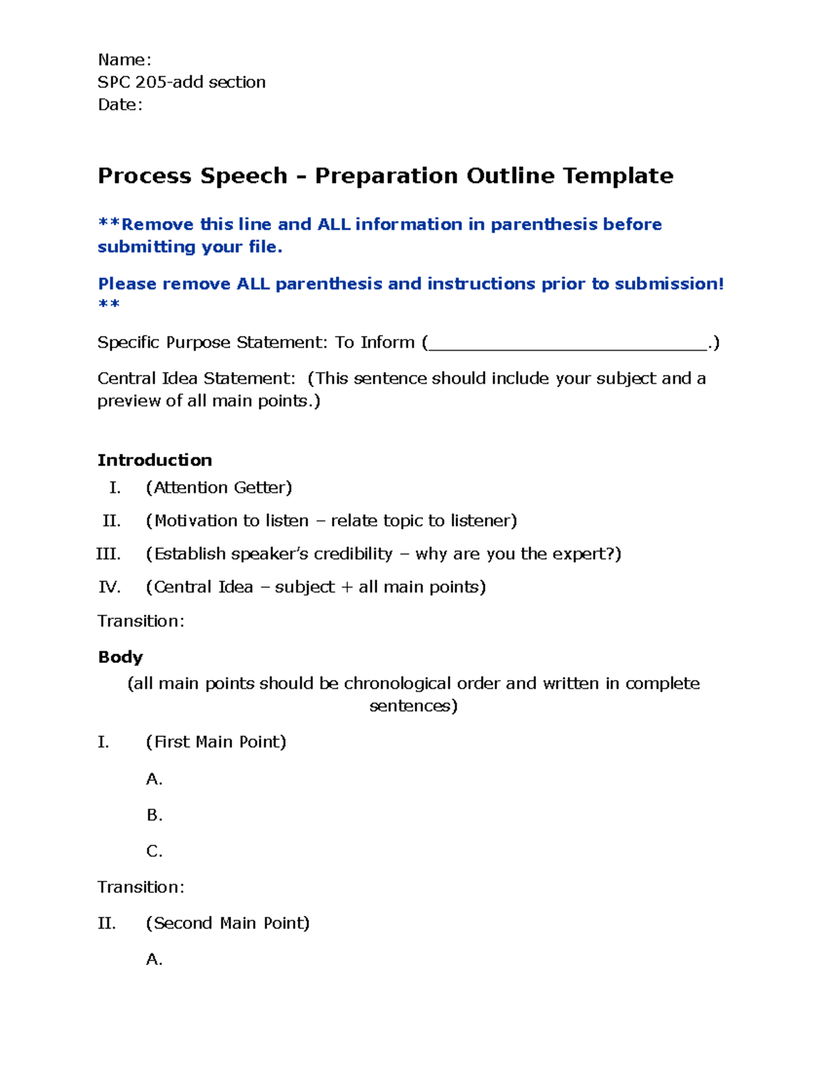 Process Outline Template for Preparation Outline - Name: SPC 205-add ...