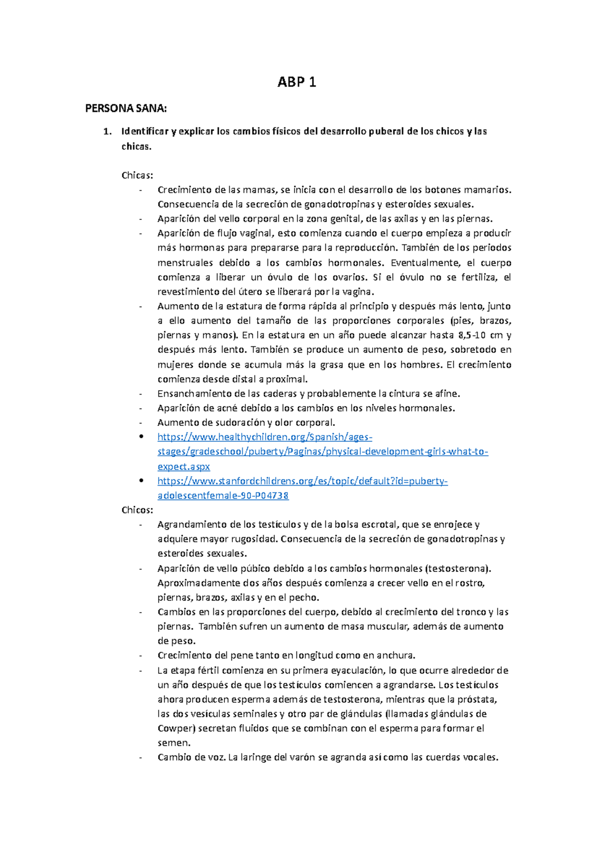 ABP 1 - ABP 1 primero de enfermería - ABP 1 PERSONA SANA: 1. Identificar y explicar los cambios ...