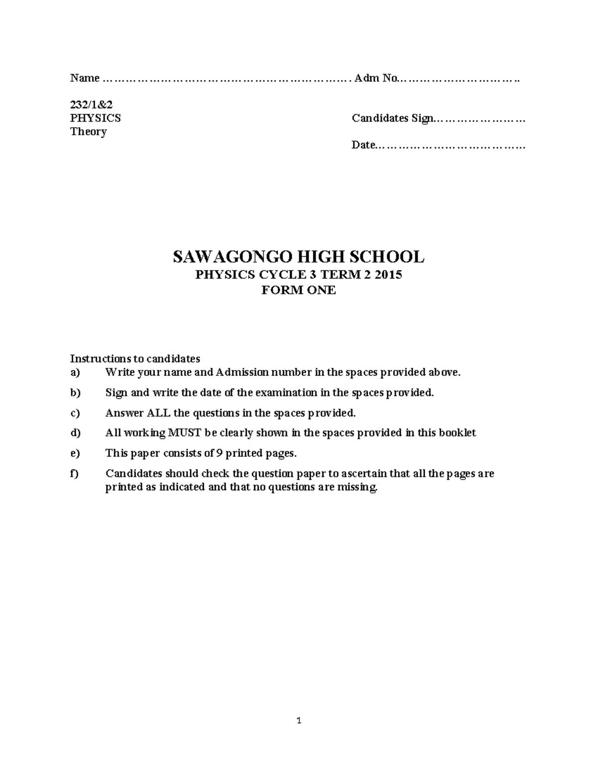 F.1 Physics Cycle 3 TERM 2 2015 - Name - Studocu