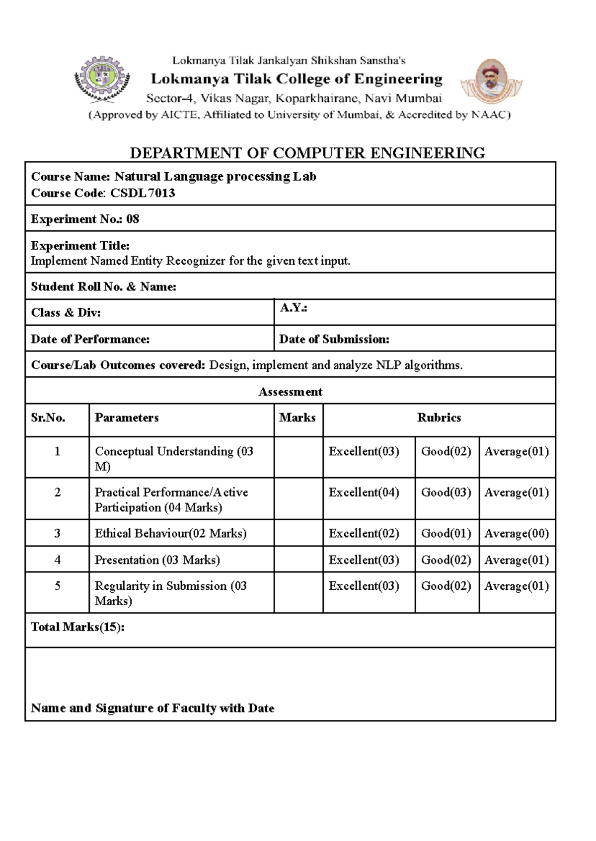 Exp8 NLP - Practical and experiment no 8 - DEPARTMENT OF COMPUTER ENGINEERING Course Name ...