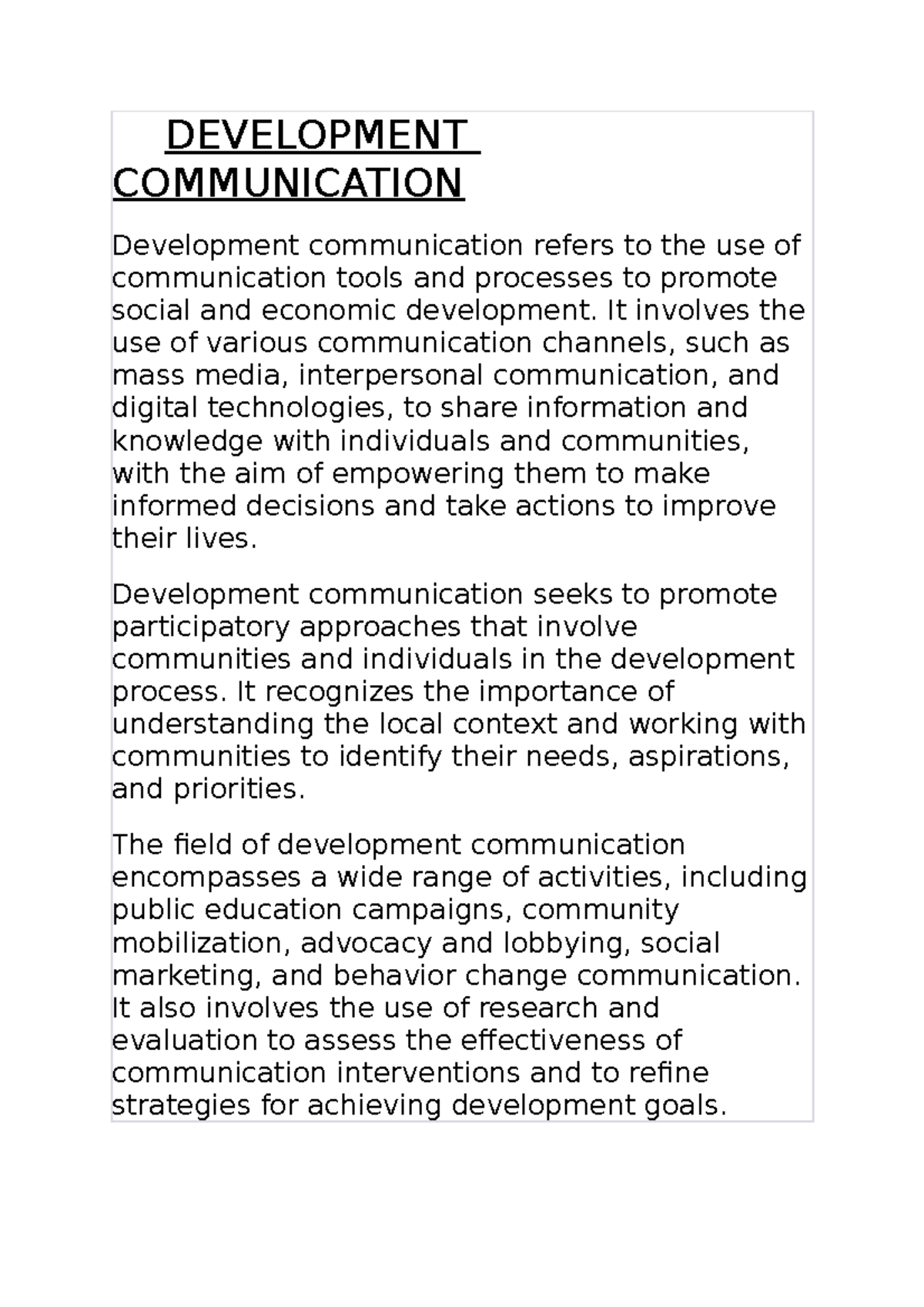 Development Communication - DEVELOPMENT COMMUNICATION Development ...