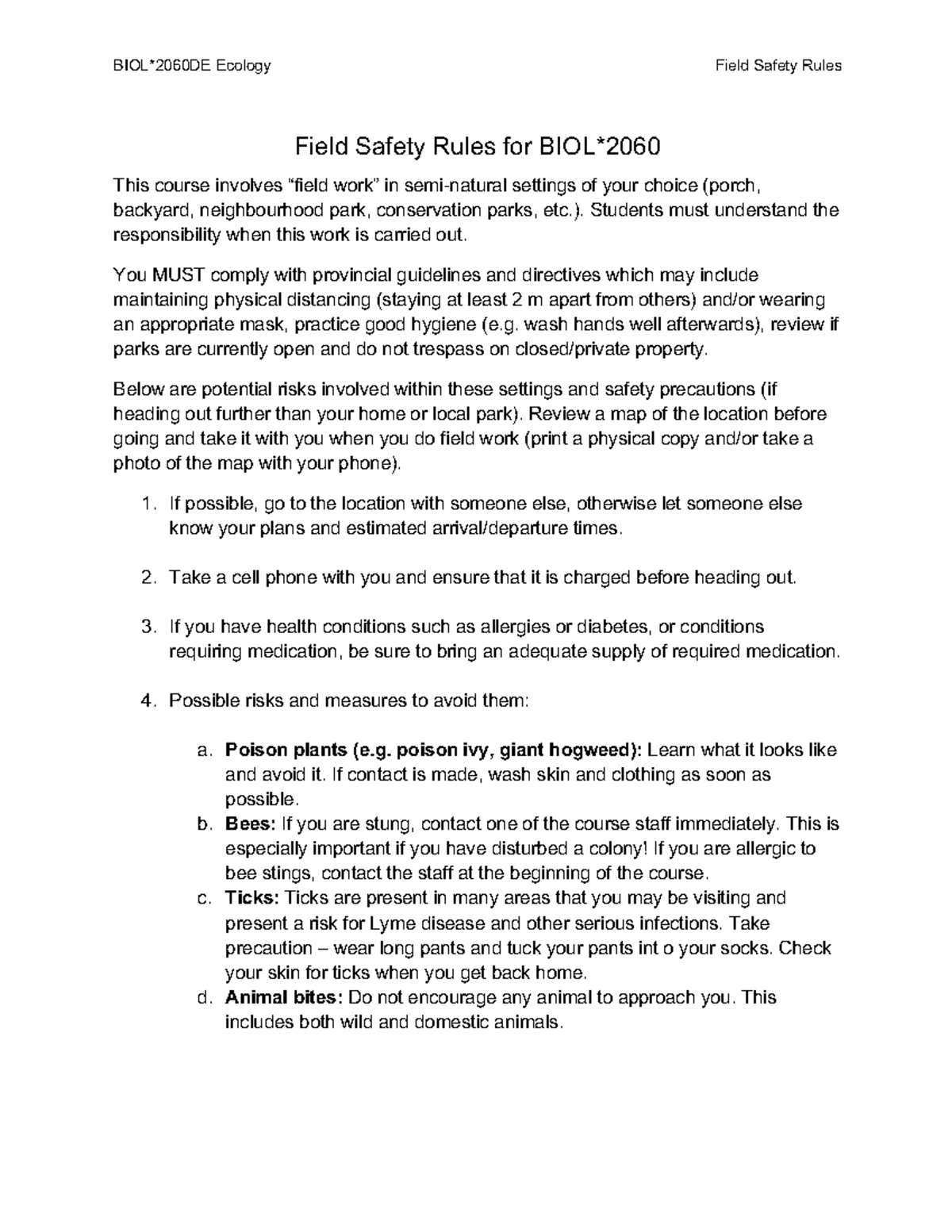 Field Safety Rules - BIOL*2060DE Ecology Field Safety Rules Field ...